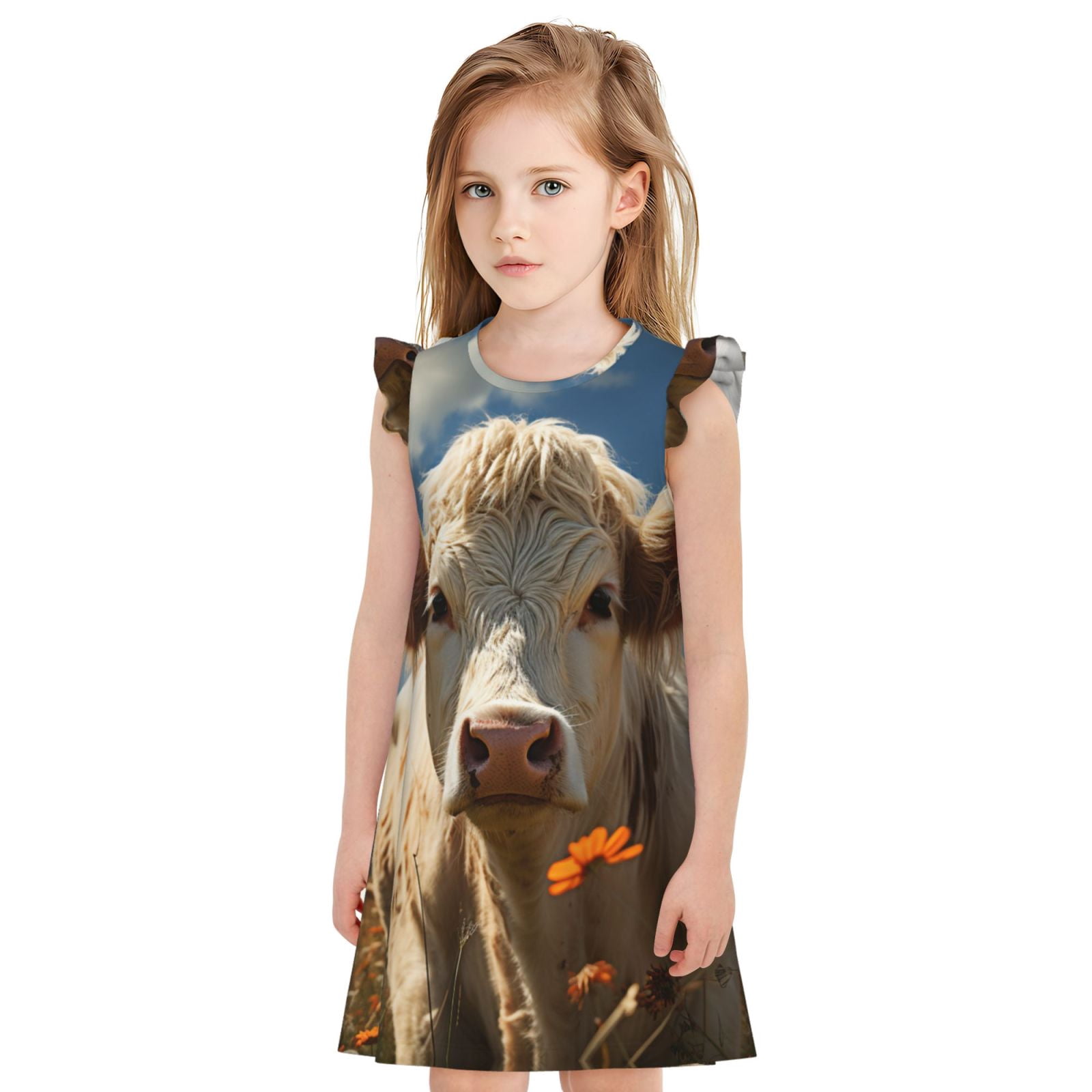 Girls Nightgowns - Daisy Meadow Cow Soft Comfort Flutter Sleeves Night ...