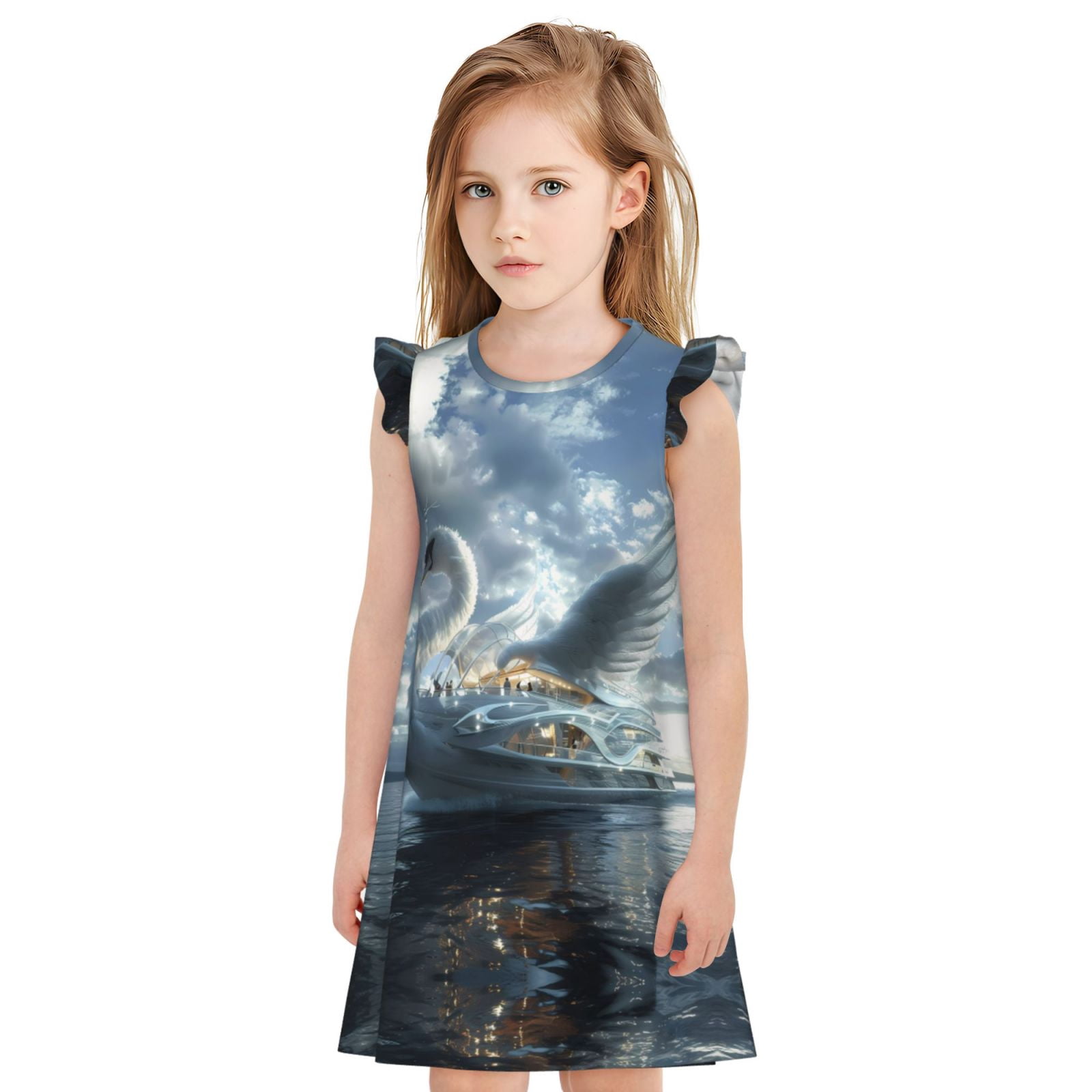 Girls Nightgowns - Fantasy Swan Yacht Design Flutter Sleeves Sleepwear ...
