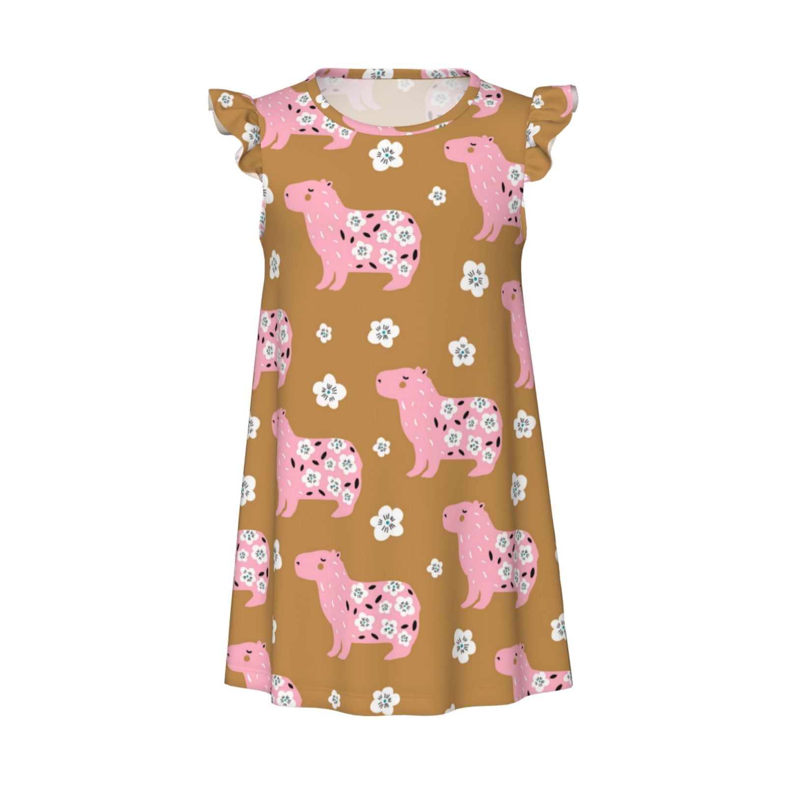 Girls Nightgowns, Floral Capybaras Flutter Sleeve Pajamas Nightdress ...