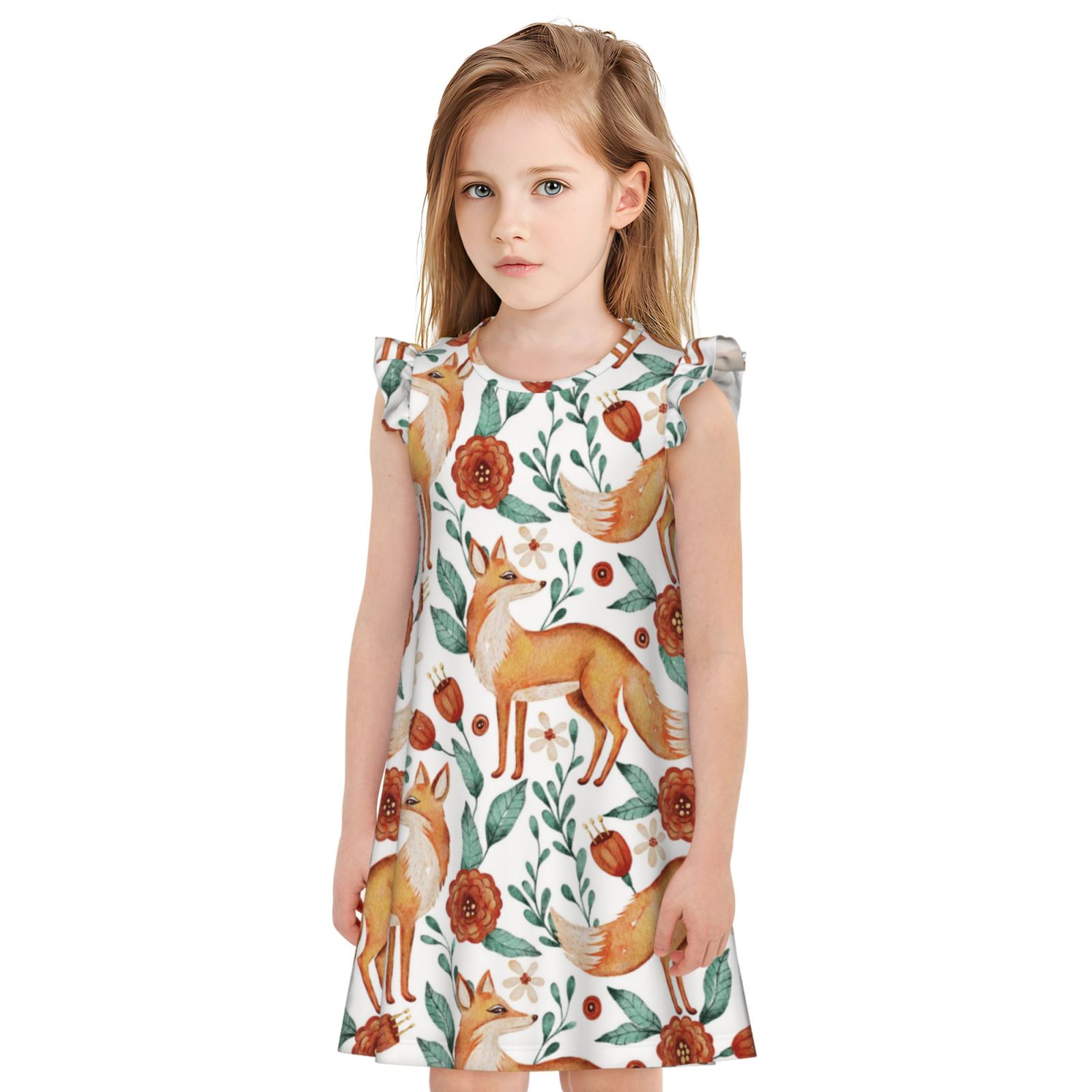 Girls Nightgowns - Foxes and Floral Harmony Flutter Sleeves Sleepwear ...