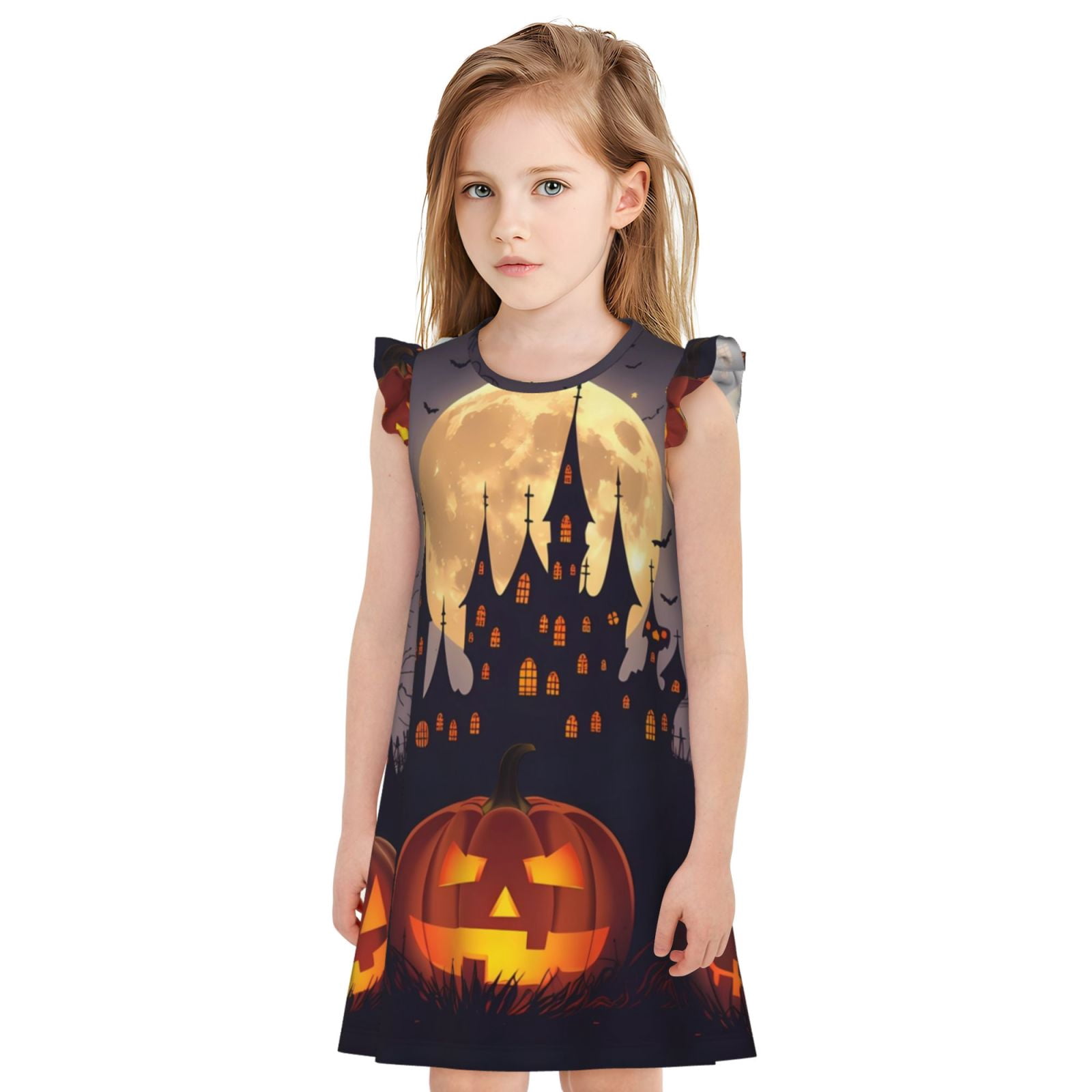 Girls Nightgowns - Halloween Haunted Pumpkin Castle Flutter Sleeves ...