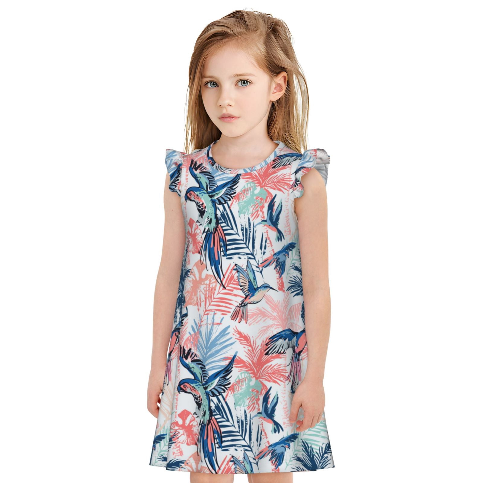 Girls Nightgowns - Hand Drawn Cute Parrot Bird Flutter Sleeves ...