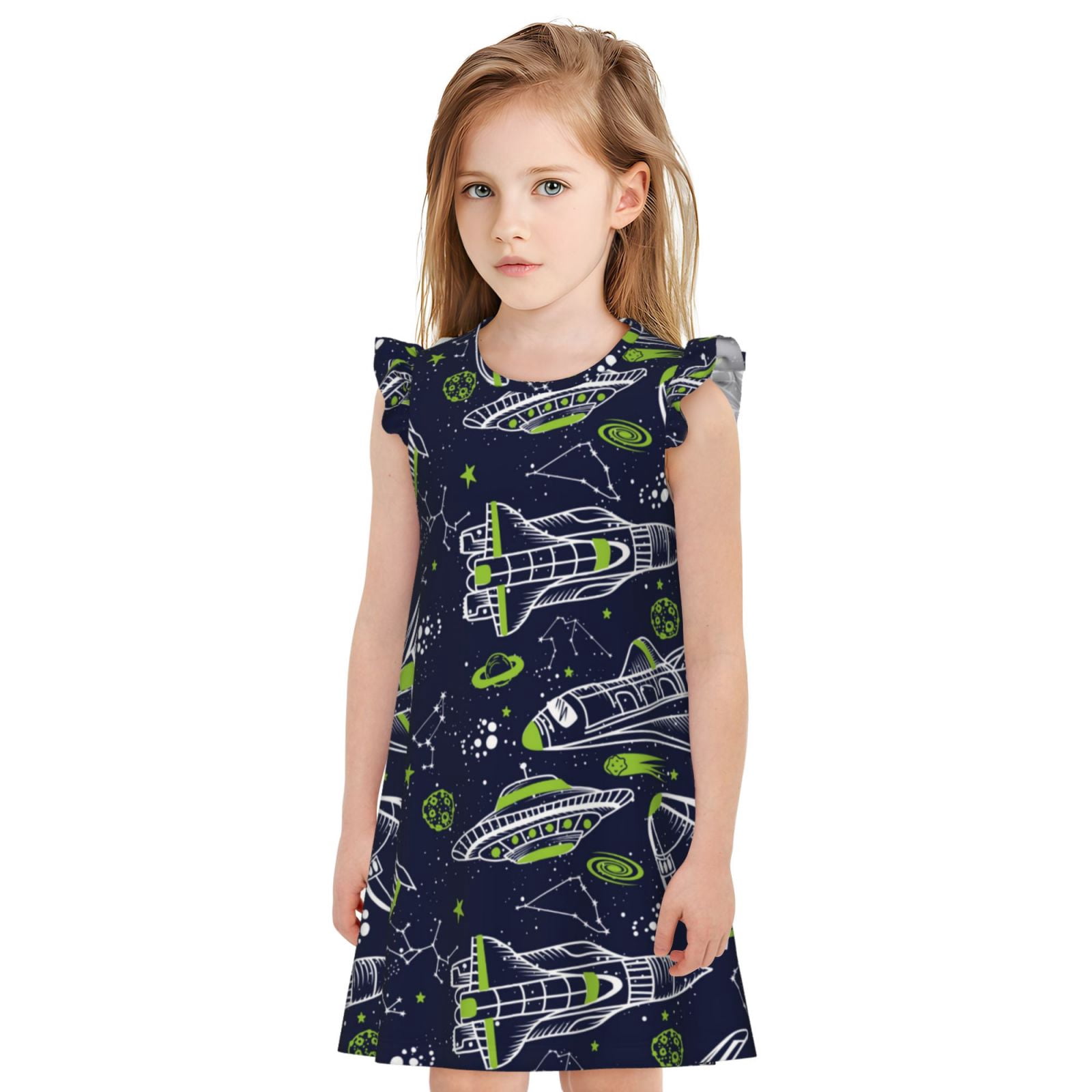 Girls Nightgowns - Hand Drawn Rockets Flutter Sleeves Sleepwear Night ...