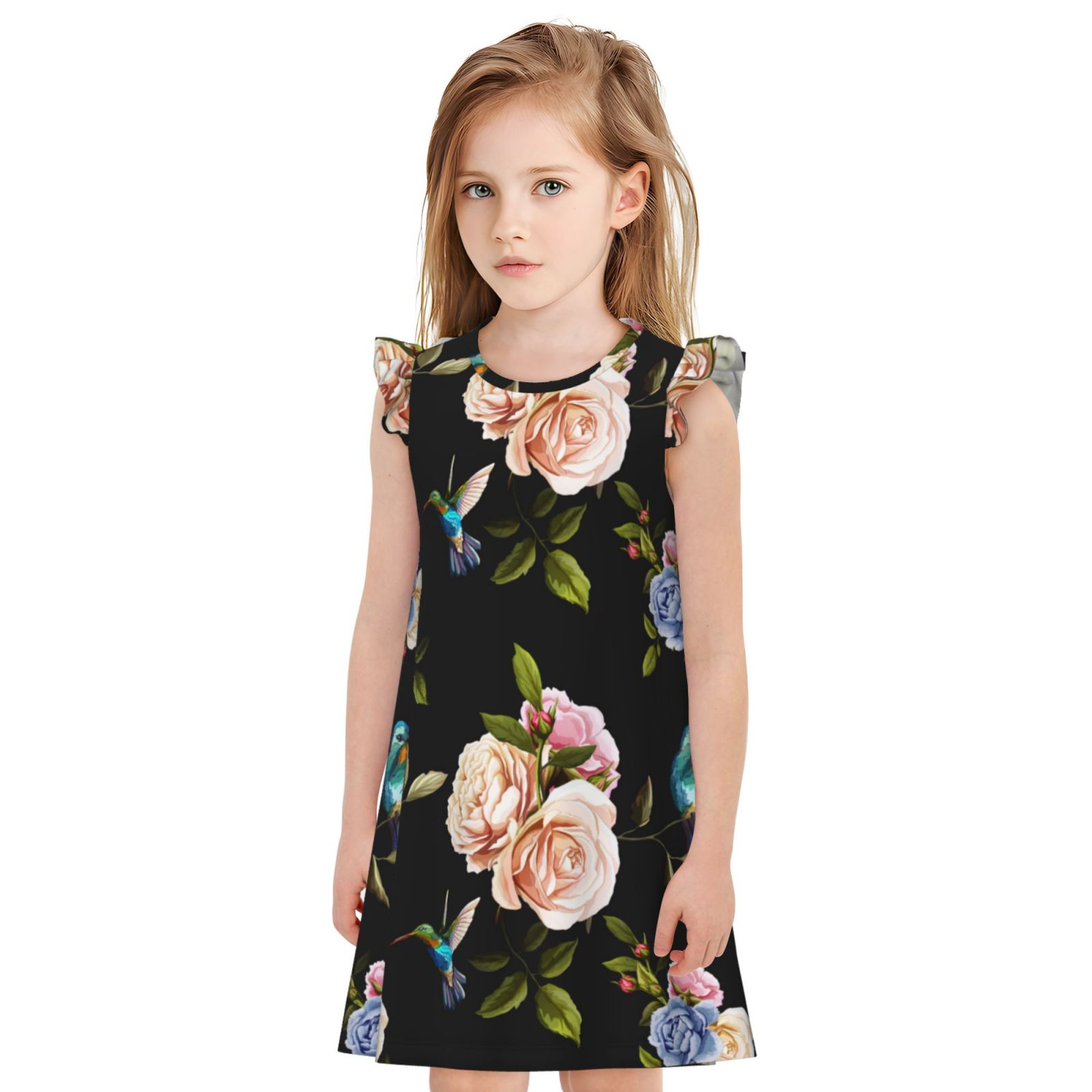 Girls Nightgowns - Hummingbird Carnation Black Flutter Sleeves ...