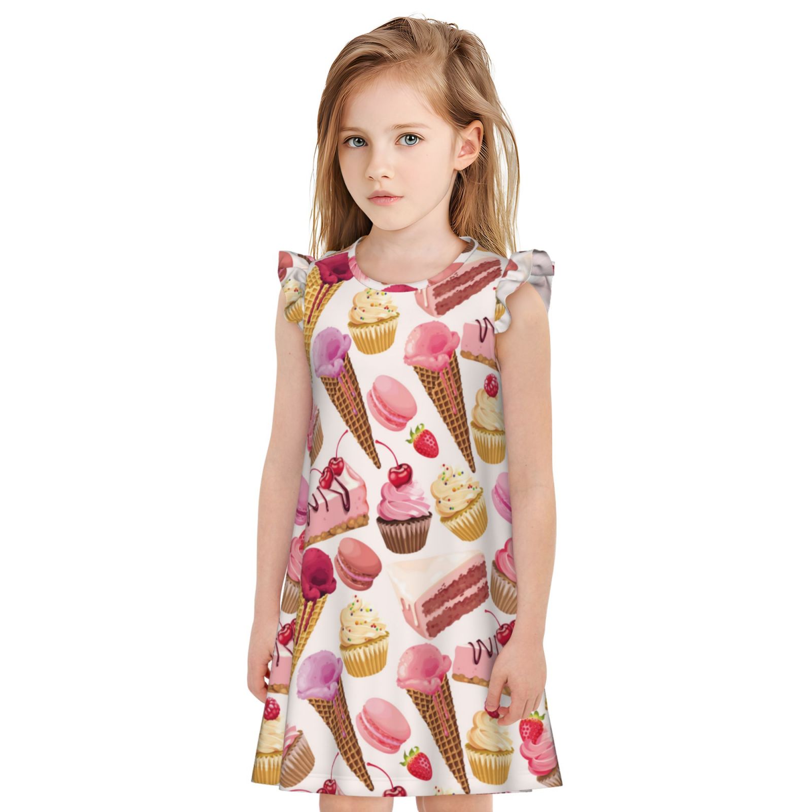 Girls Nightgowns - Ice Cream Cake Print Pink Flutter Sleeves Sleepwear ...