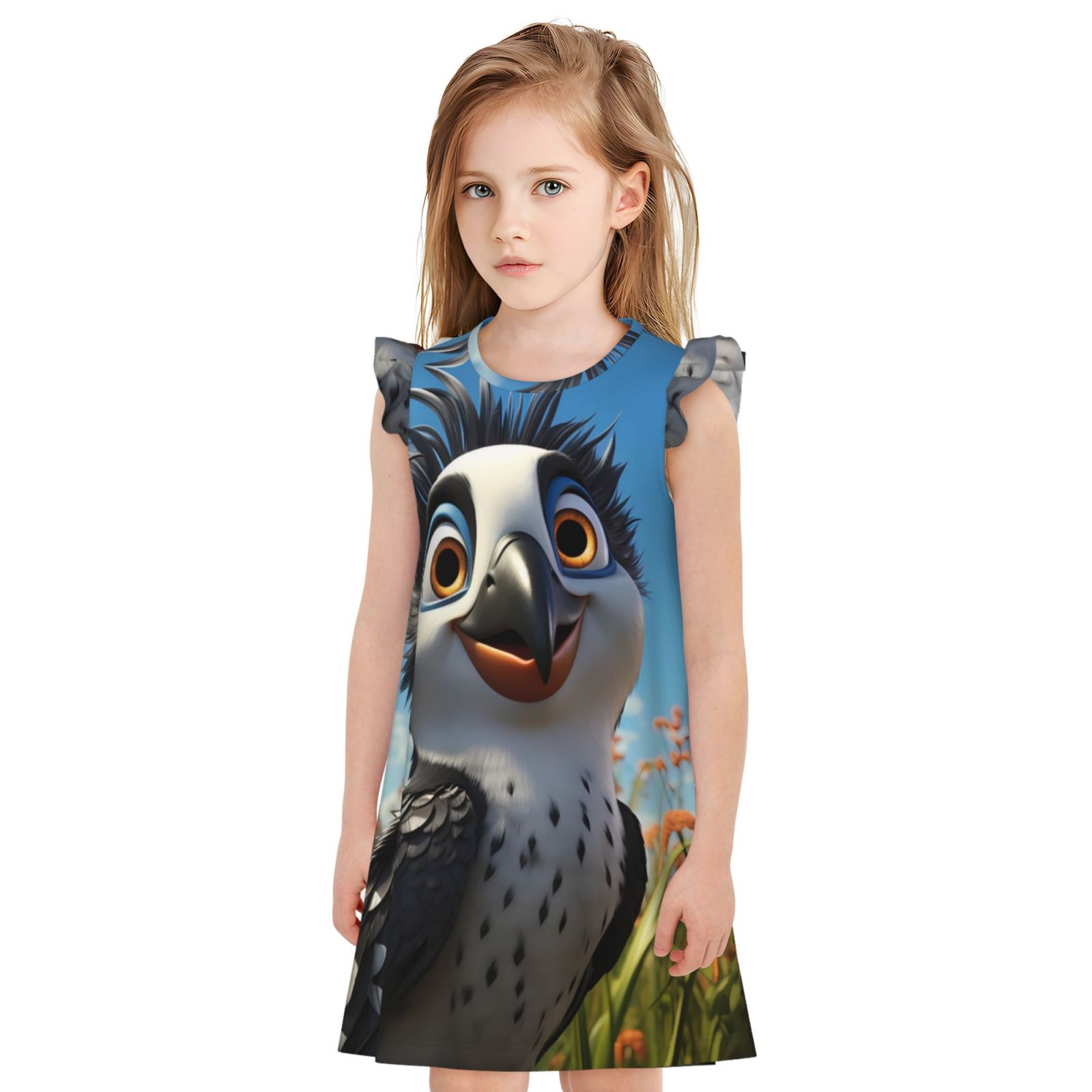Girls Nightgowns - Joyful Animated Bird Soft Comfort Flutter Sleeves ...