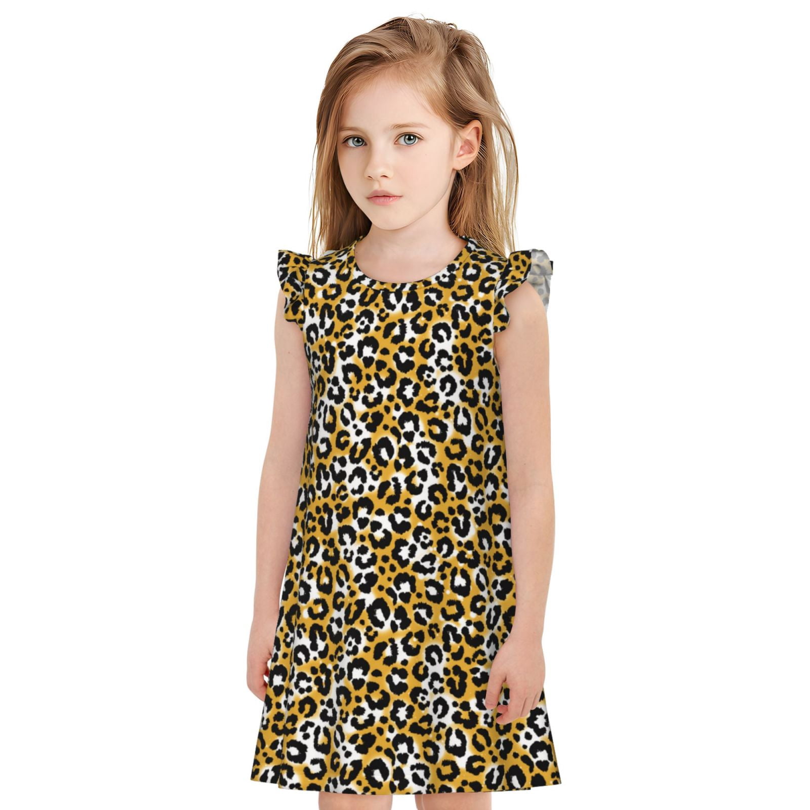 Girls Nightgowns - Leopard print A0 Flutter Sleeves Sleepwear Night ...