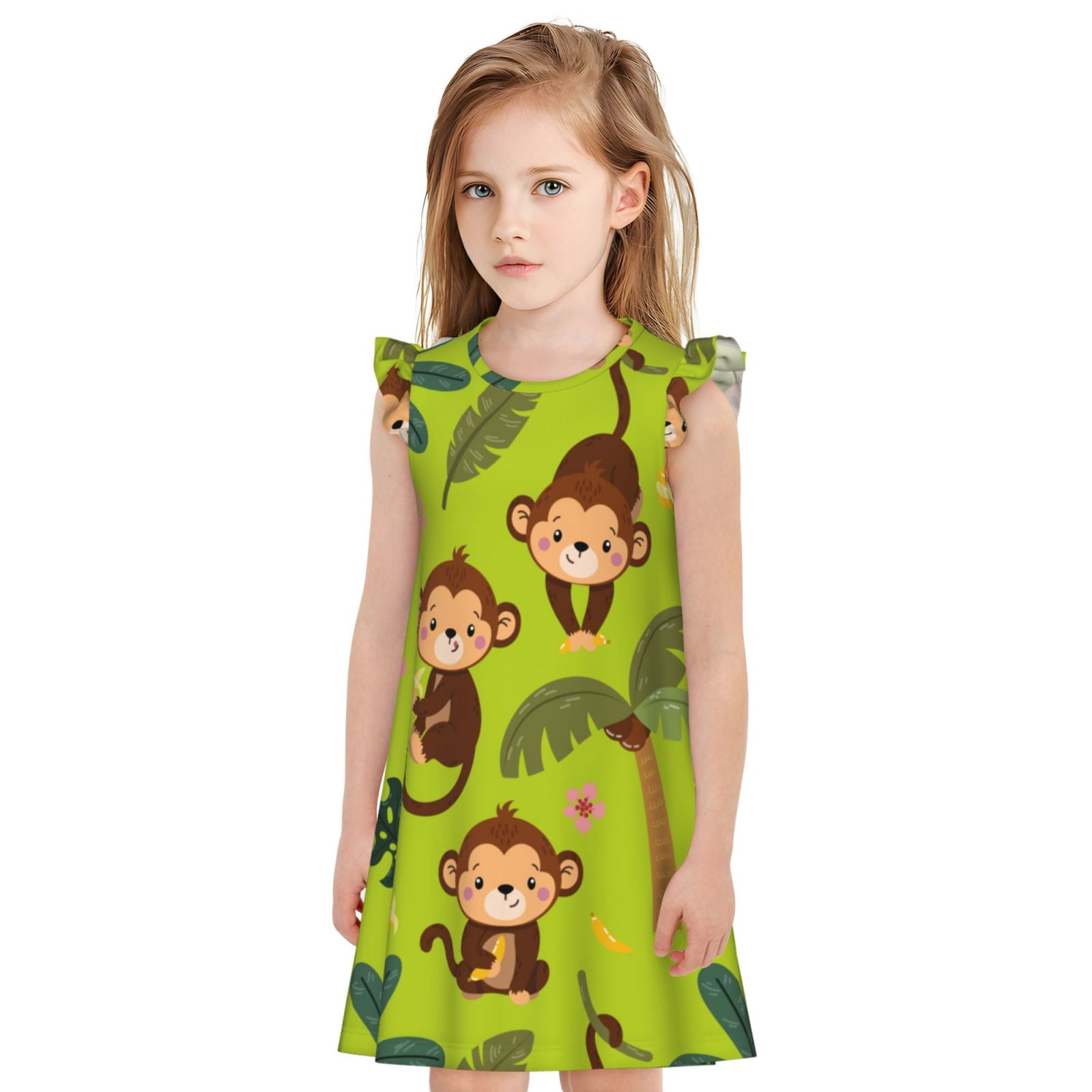 Girls Nightgowns - Monkeys Swinging from Palms Flutter Sleeves ...