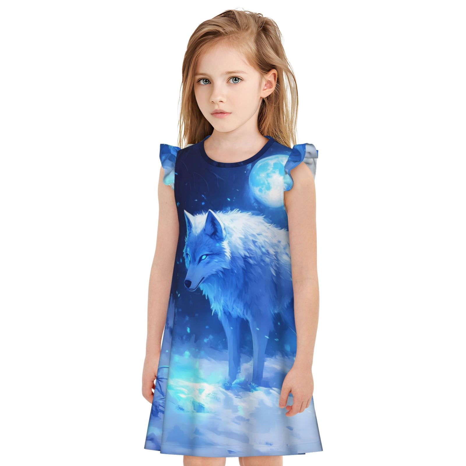Girls Nightgowns - Mystical Winter Wolf Soft Comfort Flutter Sleeves ...