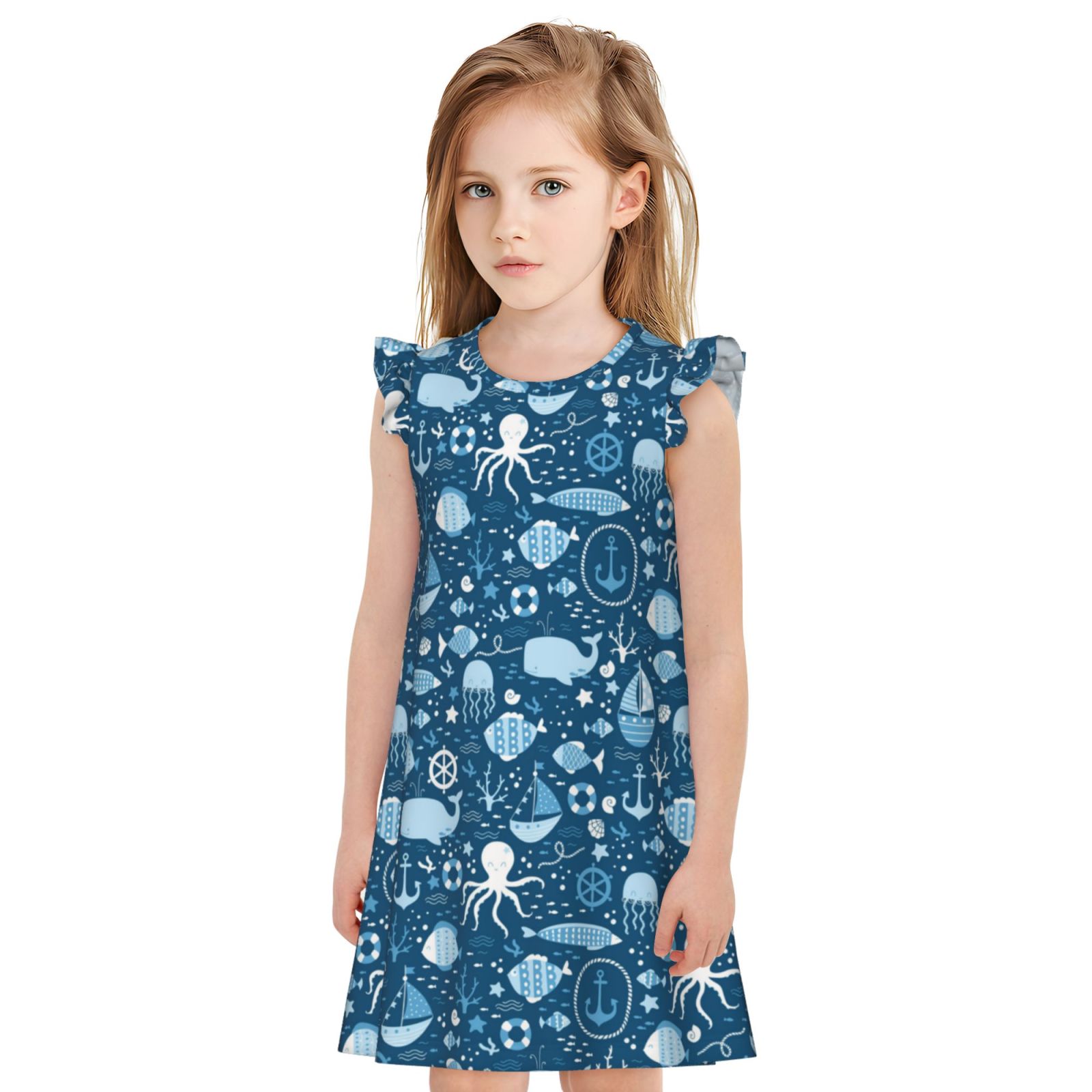Girls Nightgowns - Octopus And Whale Flutter Sleeves Sleepwear Night ...