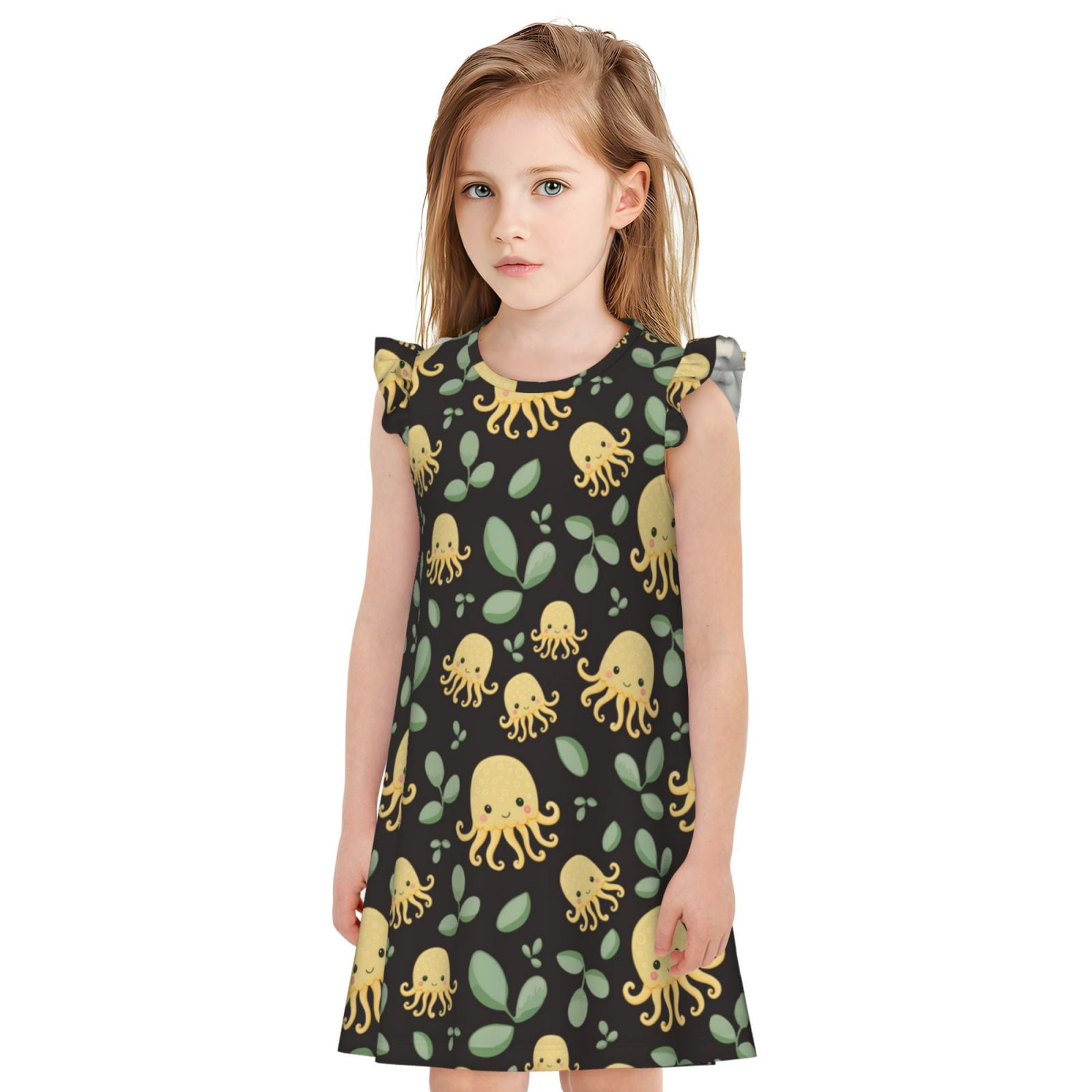 Girls Nightgowns - Octopuses And Leaves Flutter Sleeves Sleepwear Night ...