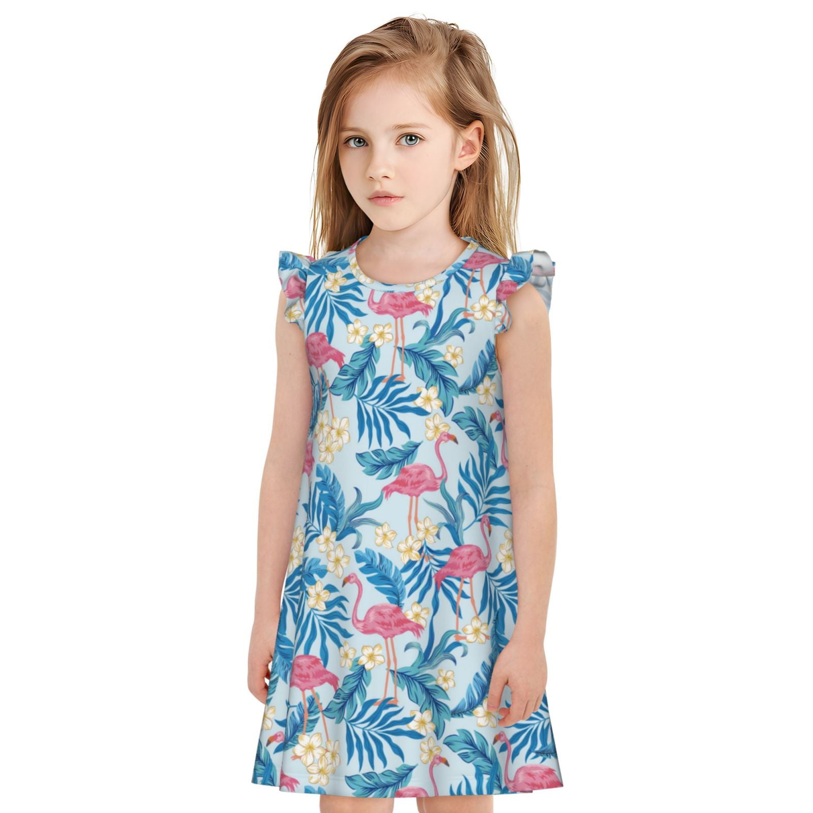 Girls Nightgowns - Palm tree flamingo flower Flutter Sleeves Sleepwear ...