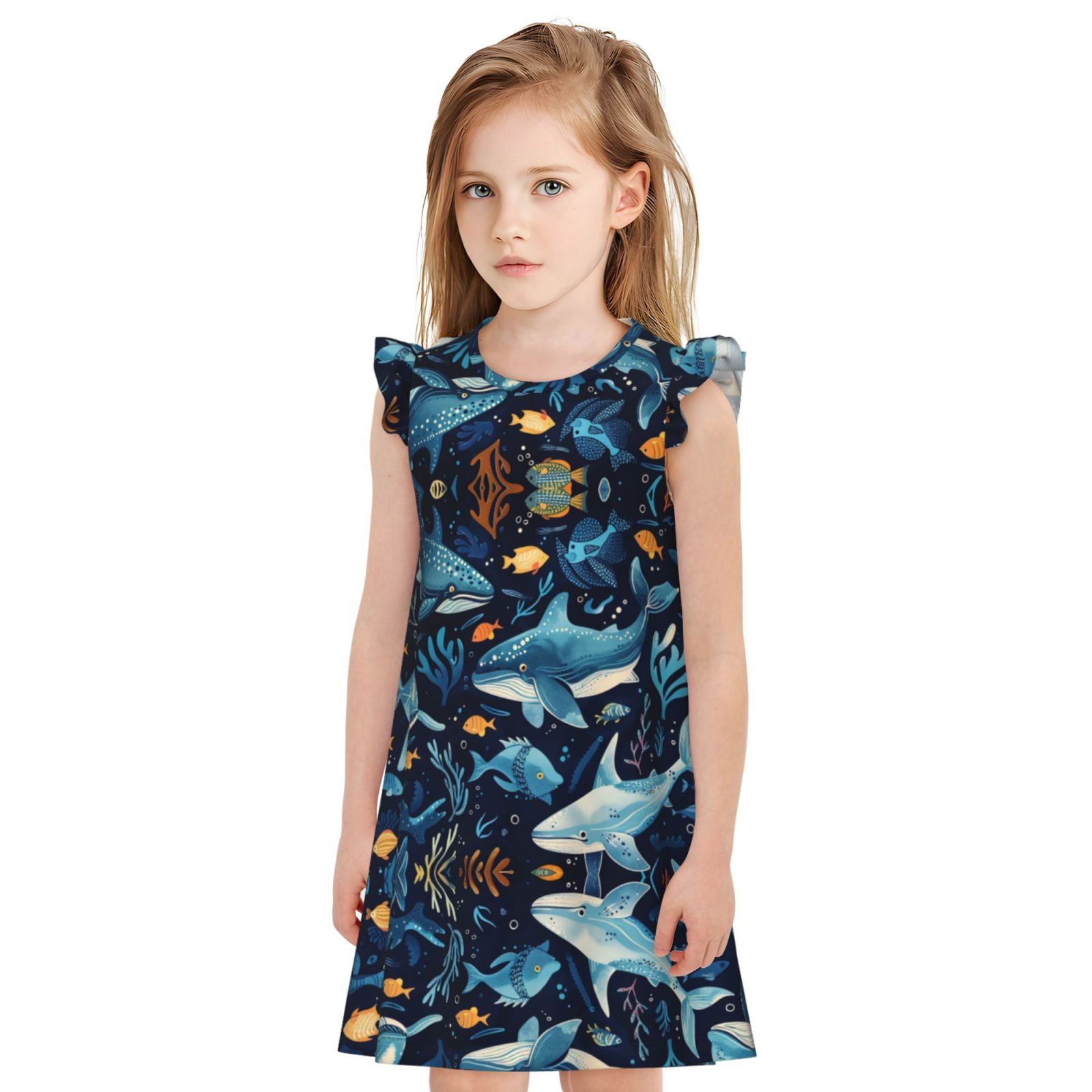 Girls Nightgowns - Playful Whales Underwater Scene Flutter Sleeves ...