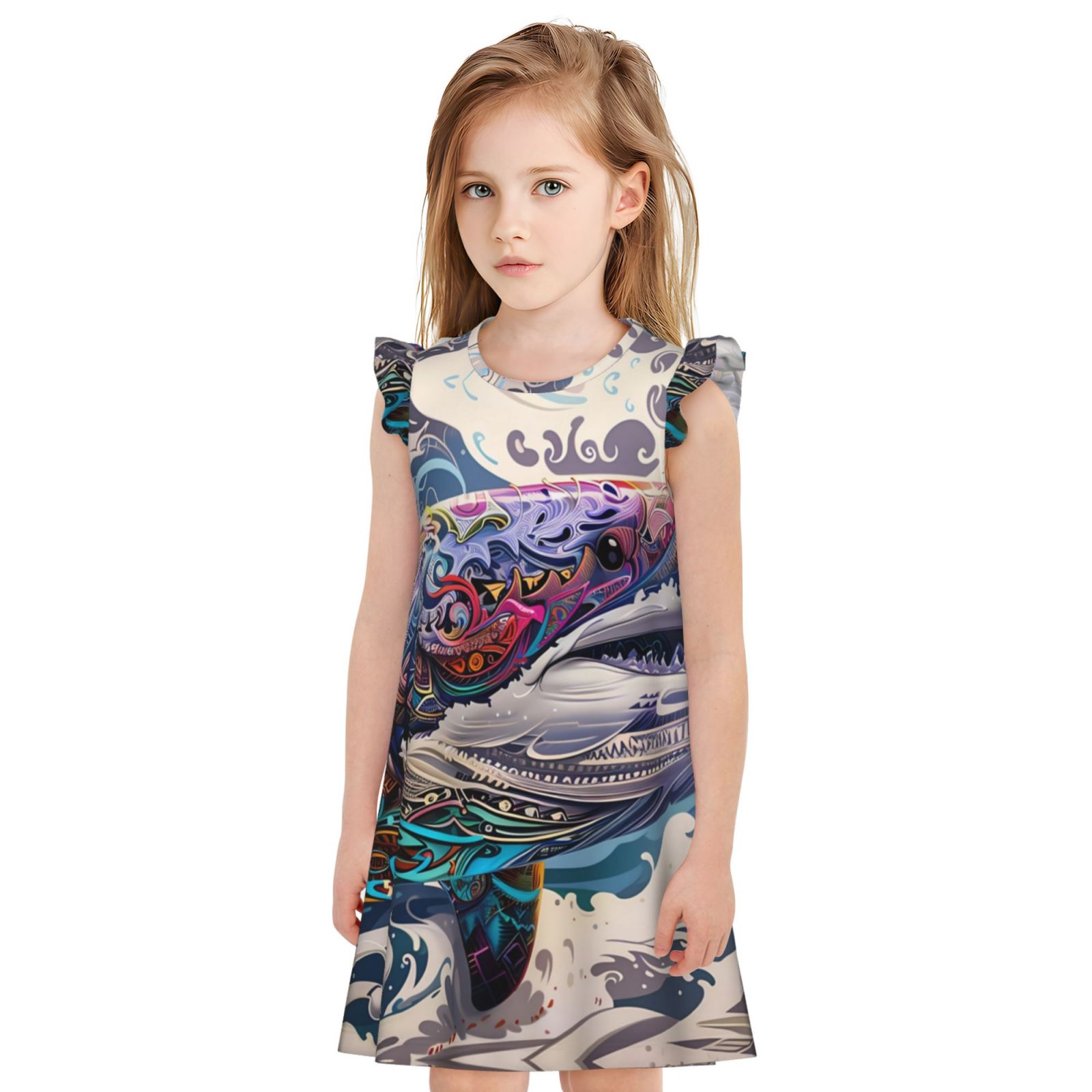 Girls Nightgowns - Psychedelic Shark Artwork Soft Comfort Flutter ...