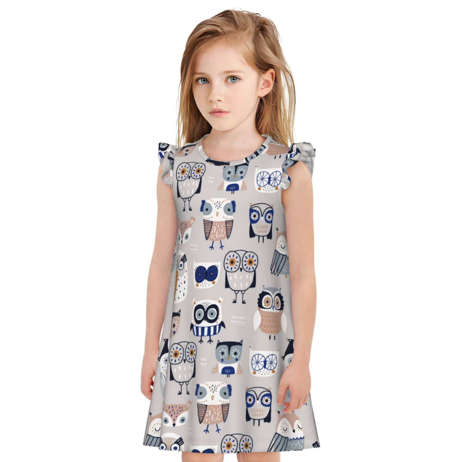 Girls Nightgowns - Quirky Doodle Owl Grey Flutter Sleeves Sleepwear ...