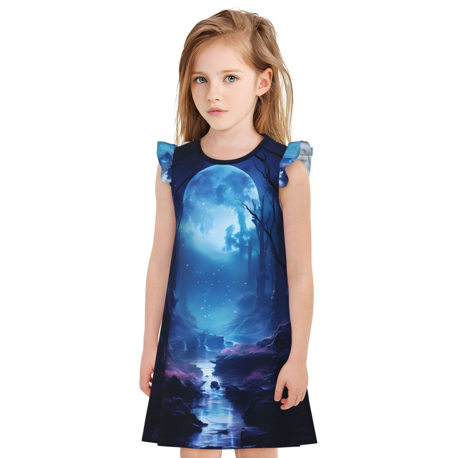 Girls Nightgowns - Serene Tree Moon Valley Flutter Sleeves Sleepwear ...