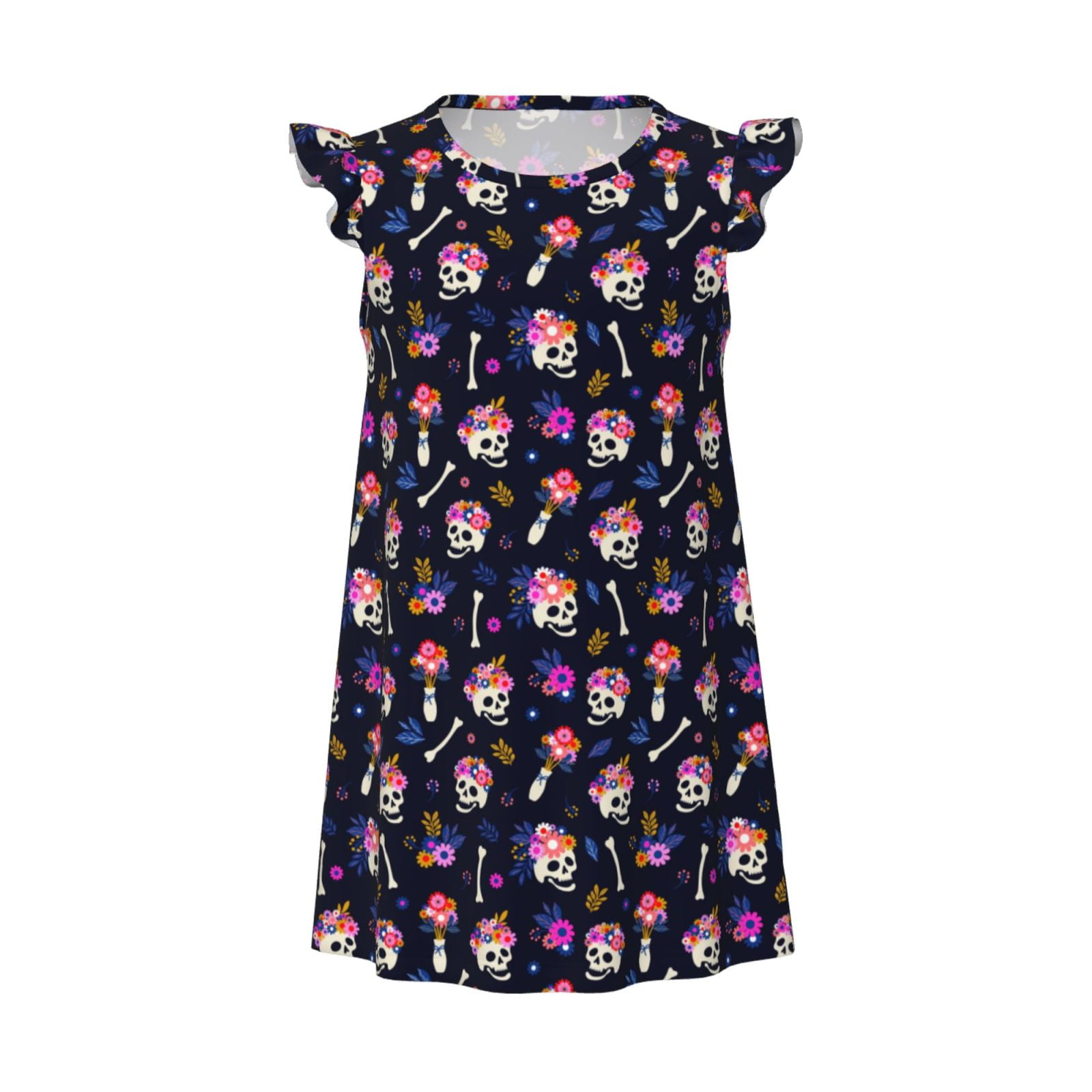 Girls Nightgowns - Skulls In Floral Soft Comfort Flutter Sleeves Night Sleep Dress Sleepwear for ...
