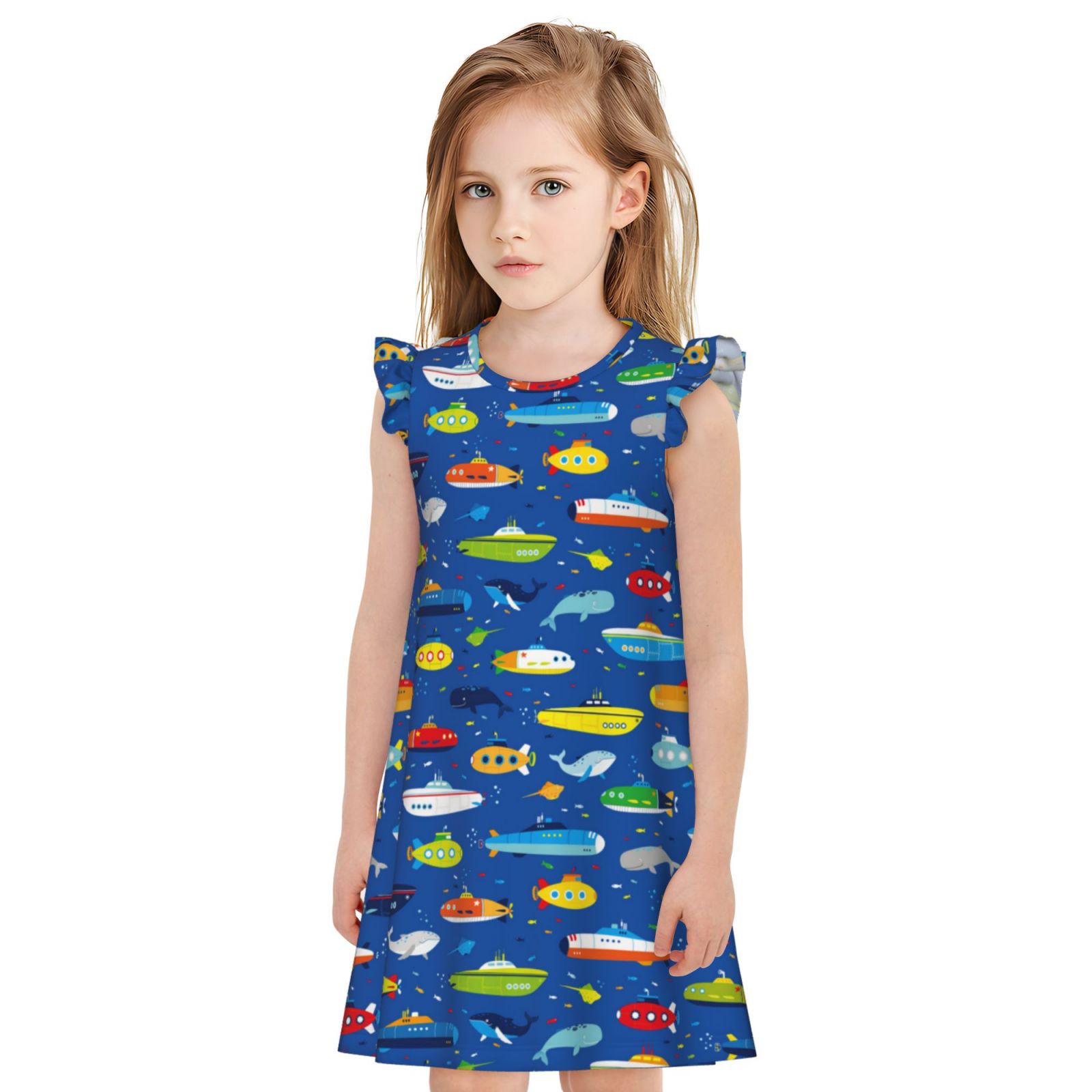 Girls Nightgowns - Submarines And Whales Flutter Sleeves Sleepwear ...