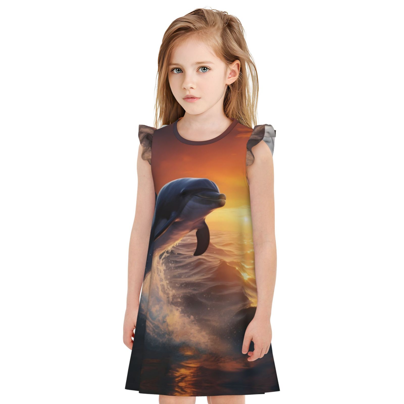 Girls Nightgowns - Sunset Dancing Dolphin Soft Comfort Flutter Sleeves Night Sleep Dress ...