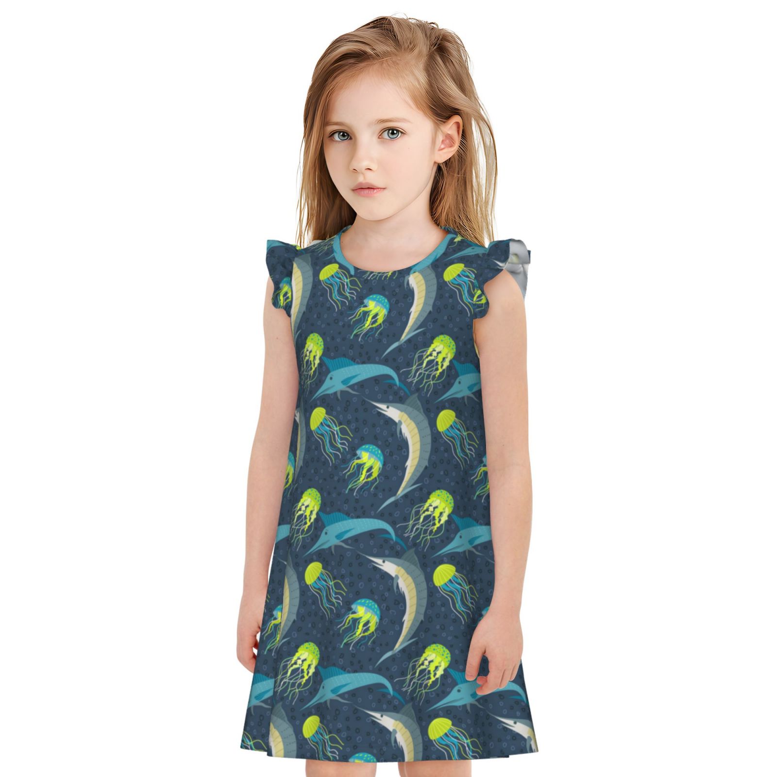 Girls Nightgowns - Tuna Fish Jellyfish Flutter Sleeves Sleepwear Night ...