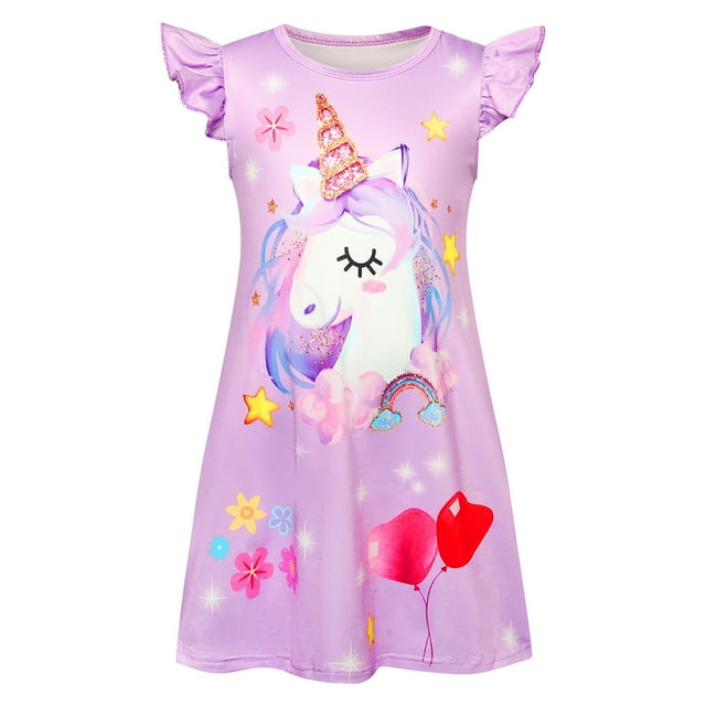 Girls Nightgowns Unicorns Sleepwear Flutter Short Sleeves Nightdress ...