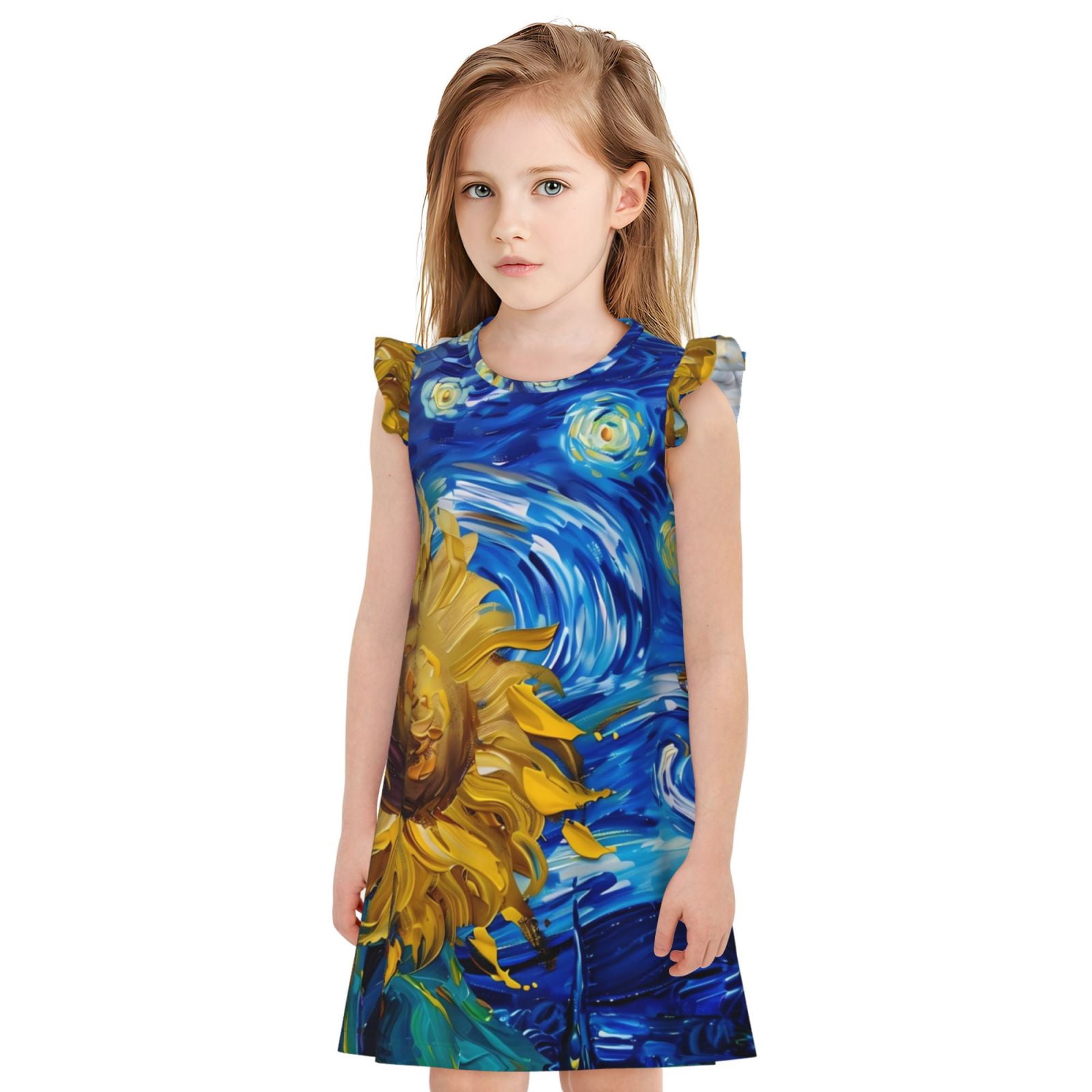 Girls Nightgowns - Whimsical Sunflowers Night Sky Flutter Sleeves ...