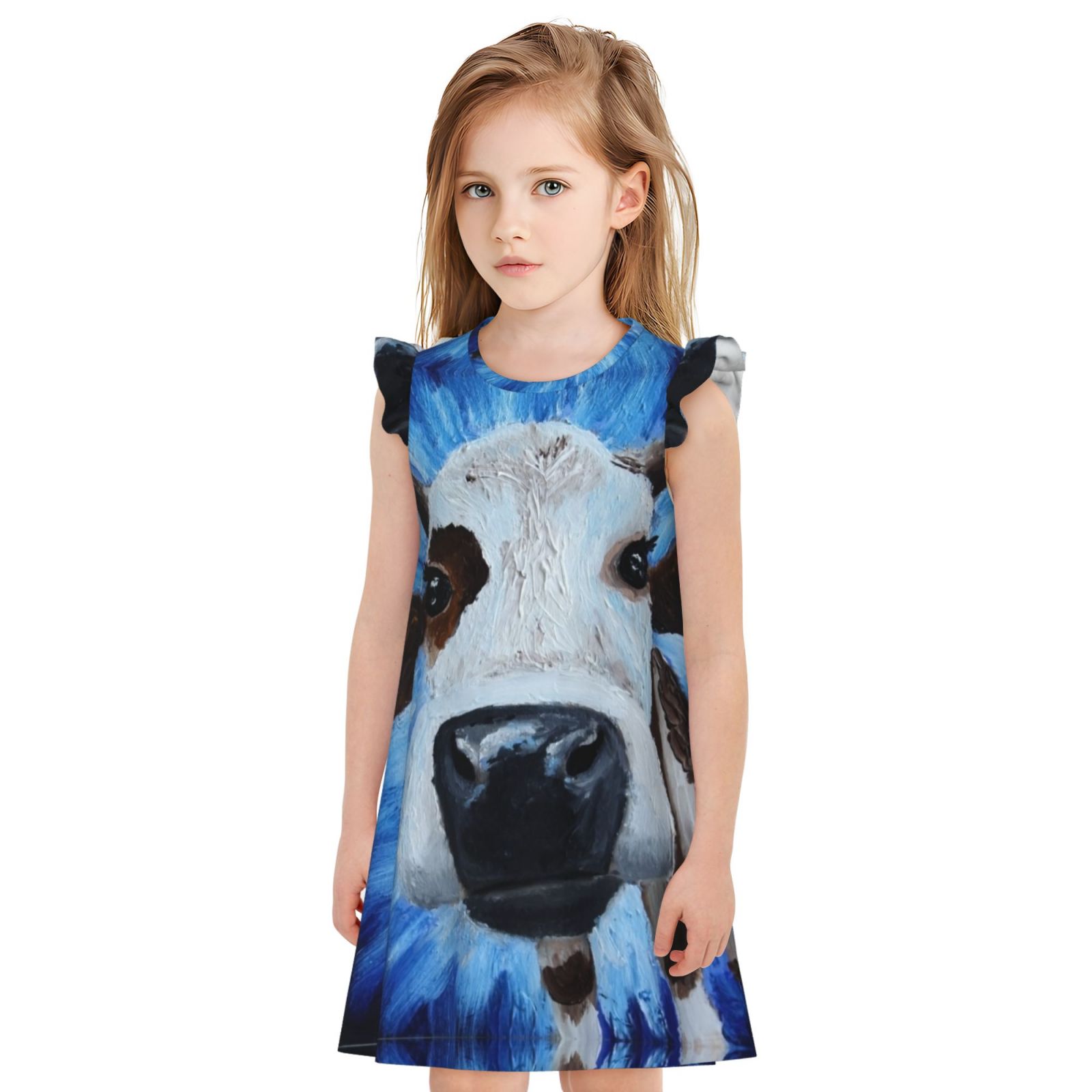 Girls Nightgowns - White Cow Blue Oil Painting Flutter Sleeves ...