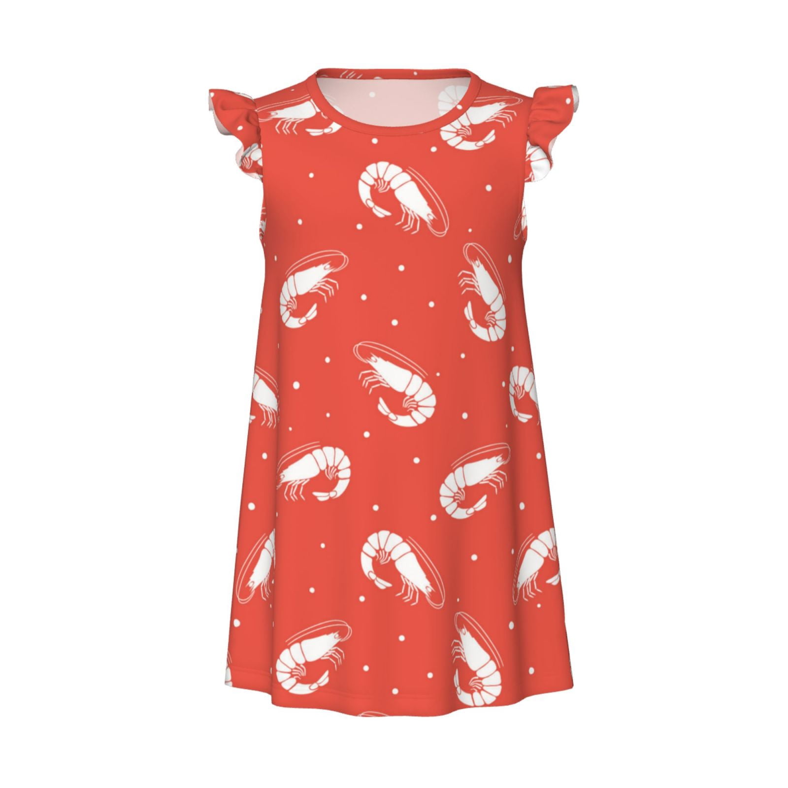 Girls Nightgowns - White Shrimp Print Red Soft Comfort Flutter Sleeves ...