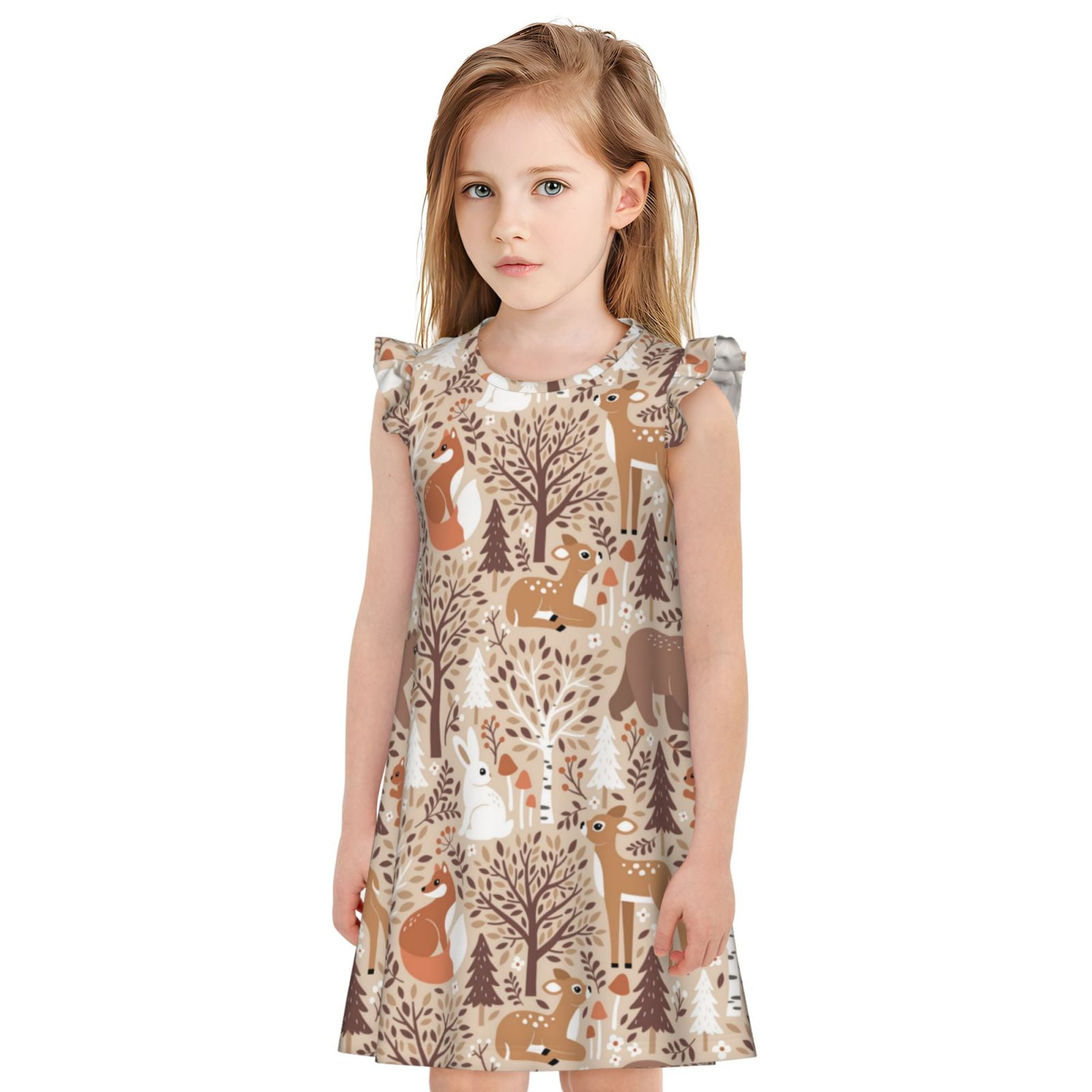 Girls Nightgowns - Woodland Animals in Neutral Tones Flutter Sleeves ...