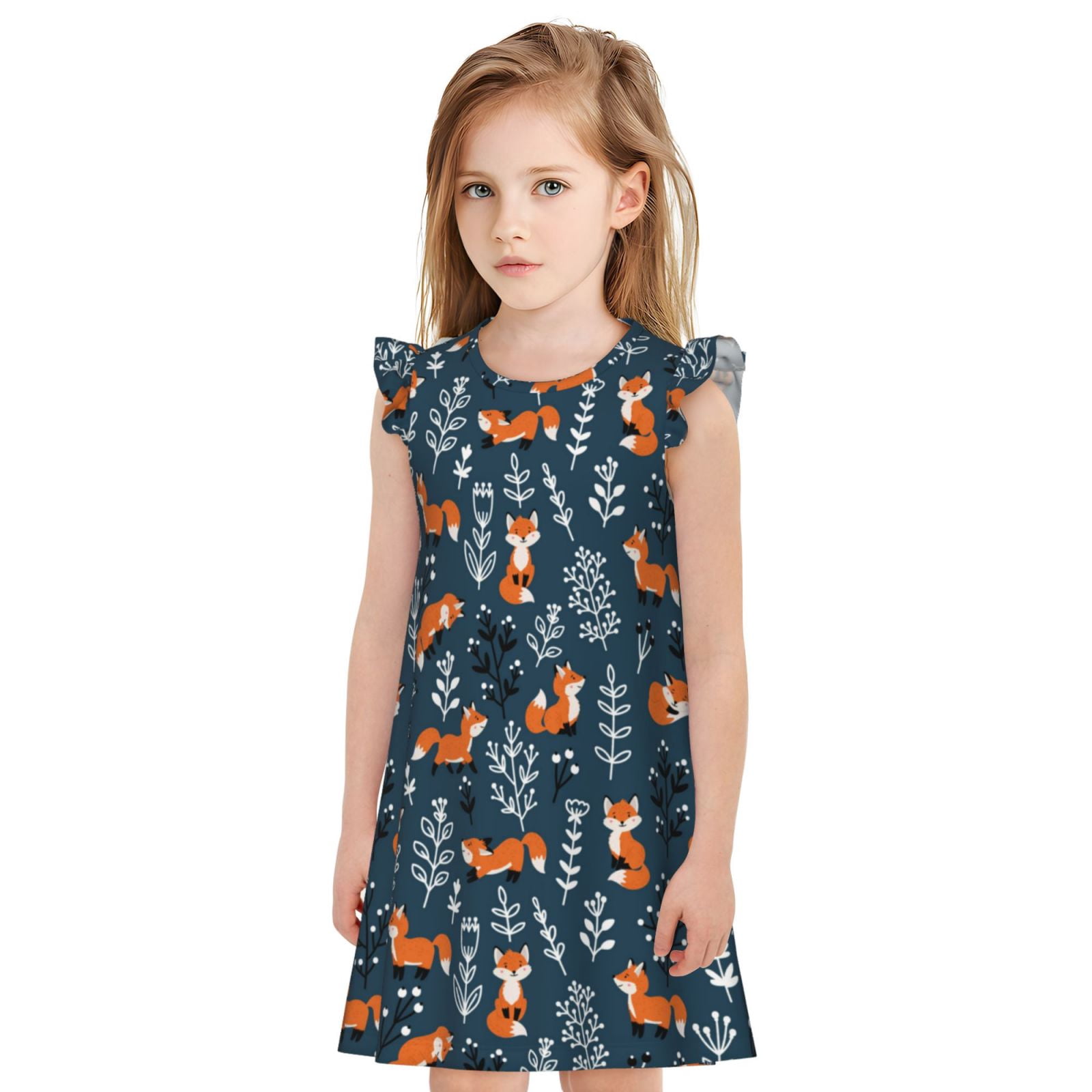 Girls Nightgowns - cute fall fox Flutter Sleeves Sleepwear Night Sleep ...