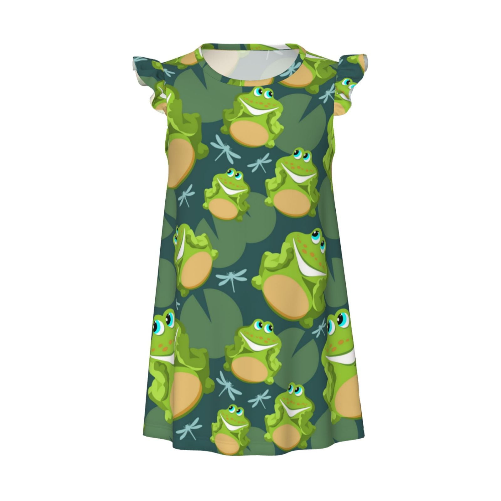 Girls Nightgowns - cute frogs dragonfly leaves green Soft Comfort Flutter Sleeves Night Sleep ...