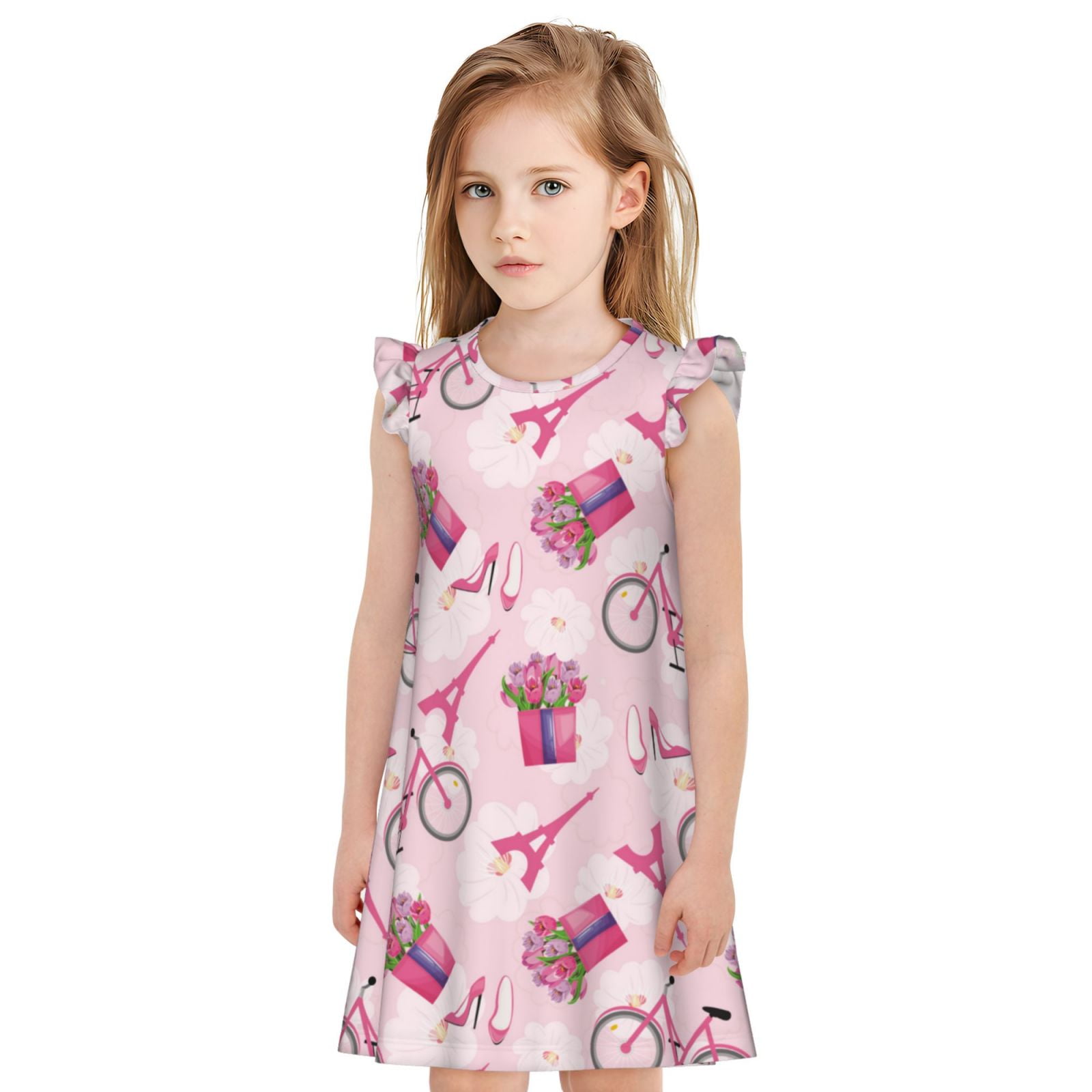 Girls Nightgowns - pink bike Romantic Flutter Sleeves Sleepwear Night Sleep Dress for Toddler ...