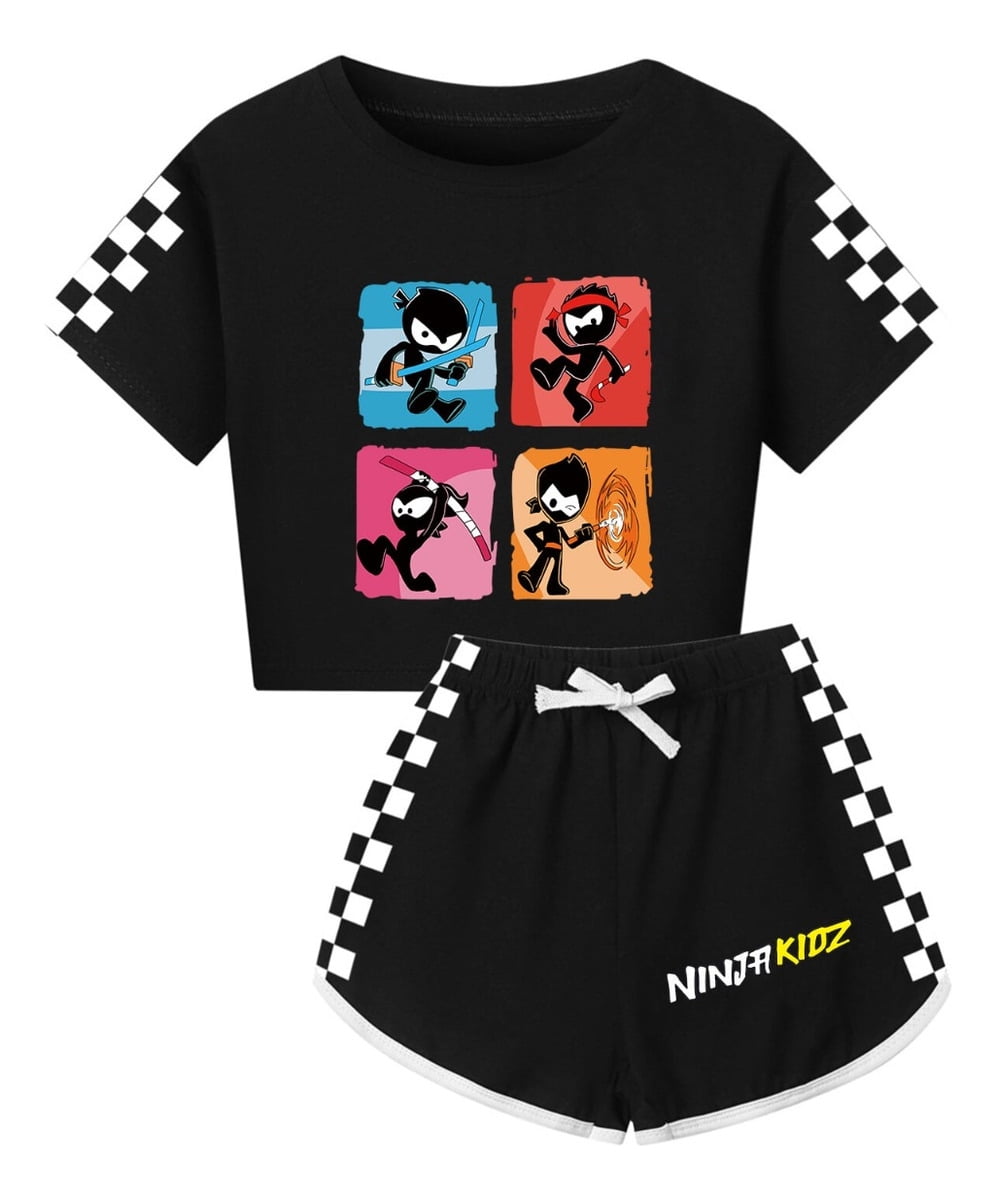 Girls Ninja Kidz Outfit – Crop Top and Shorts Set with Cartoon Ninjas ...