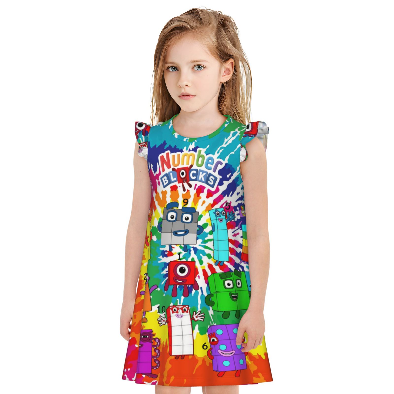 Girls Number Block Pajamas Dress Cartoon Printed Nightgowns Flutter ...
