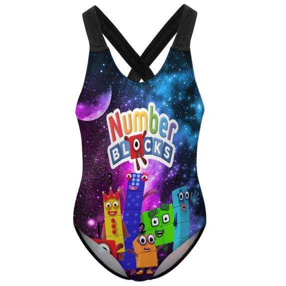 Girls Number Cartoon Show Block One Piece Swimsuits Bathing Suits Cross ...