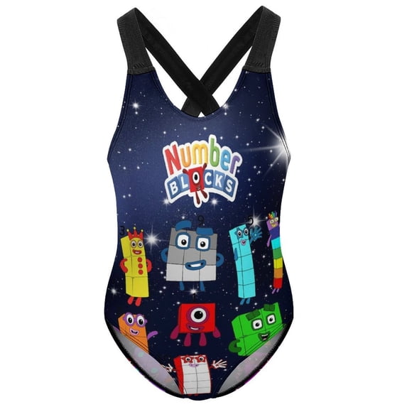 Girls Number Cartoon Show Block One Piece Swimsuits Bathing Suits Cross ...