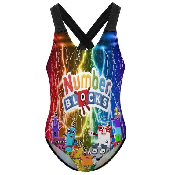 Girls Number Cartoon Show Block One Piece Swimsuits Bathing Suits Cross ...