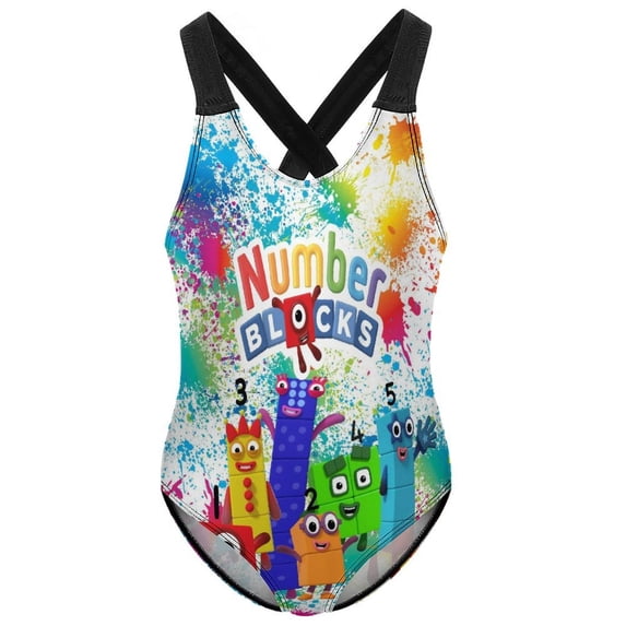 Girls Number Cartoon Show Block One Piece Swimsuits Bathing Suits Cross ...