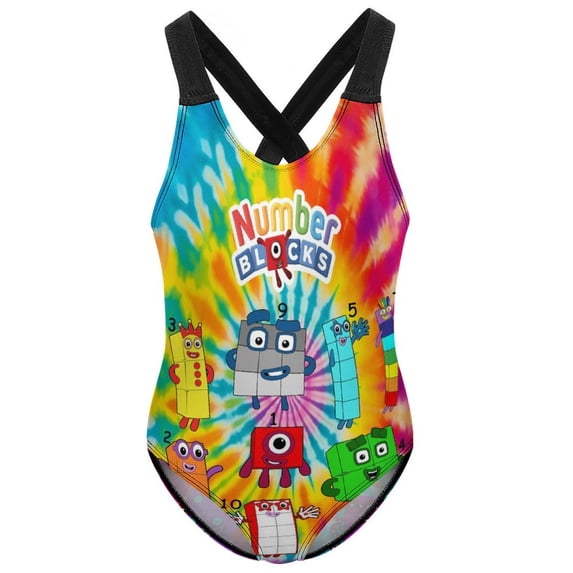 Girls Number Cartoon Show Block One Piece Swimsuits Bathing Suits Cross ...