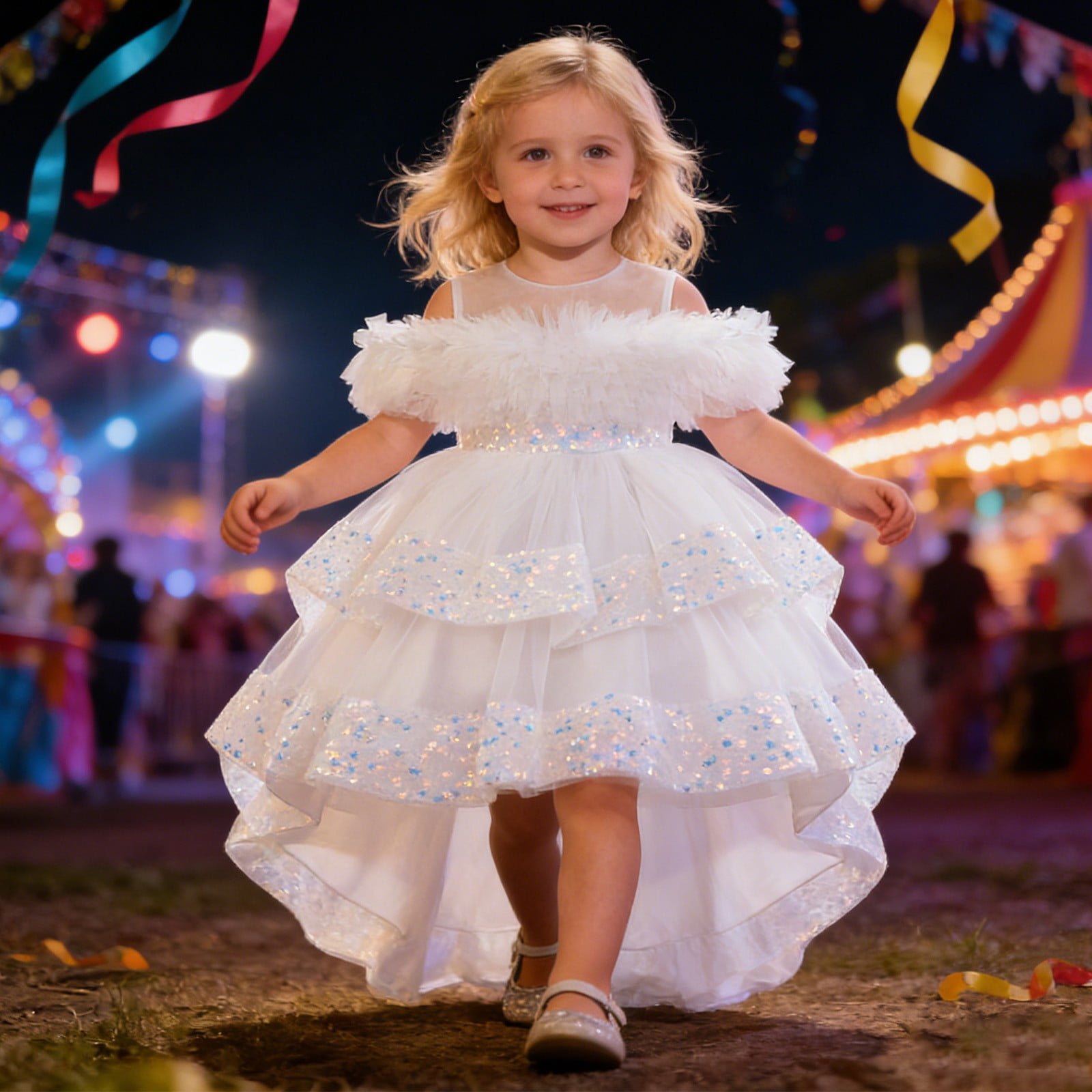 Girls Off-Shoulder Bow Tutu Dress - Pearl Sash Net Gown for Birthday ...