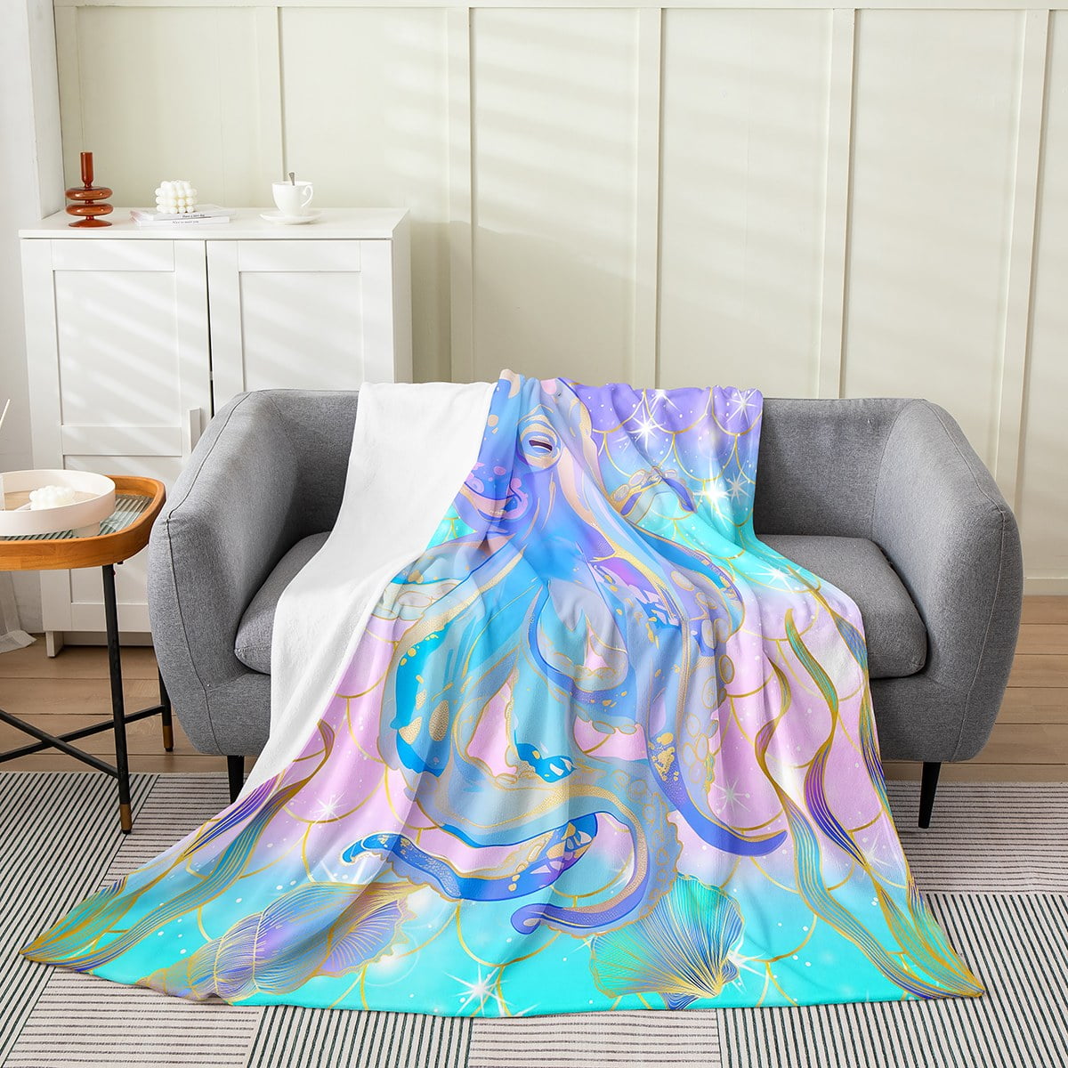 Ombre Octopus Blanket Mermaid Fish Scale Throw Blanket Watercolour Purple Tentacle Fleece ...