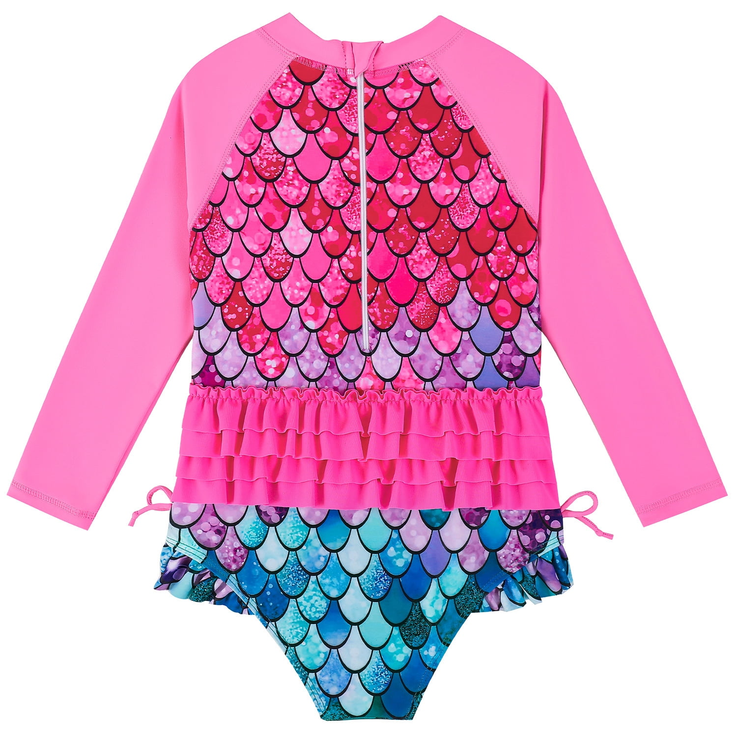 Girls One Piece Mermaid Swimsuit Long Sleeve Rash Guard Zipper Front Bathing Suit