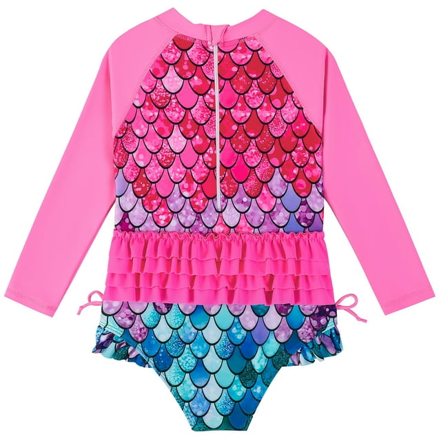 Girls One Piece Mermaid Swimsuit Long Sleeve Rash Guard Zipper Front ...