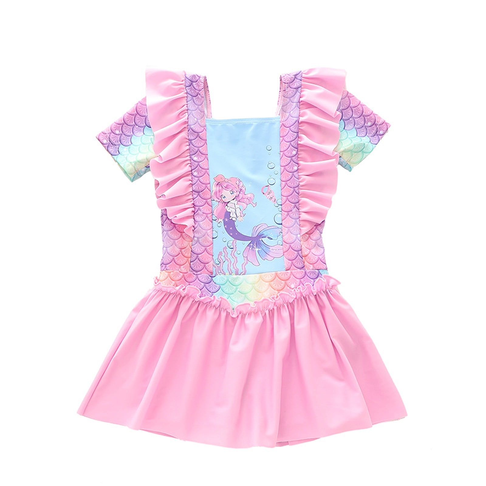 Girls One-Piece Mermaid Swimsuit Short Sleeve Swimwear Bathing Suit ...