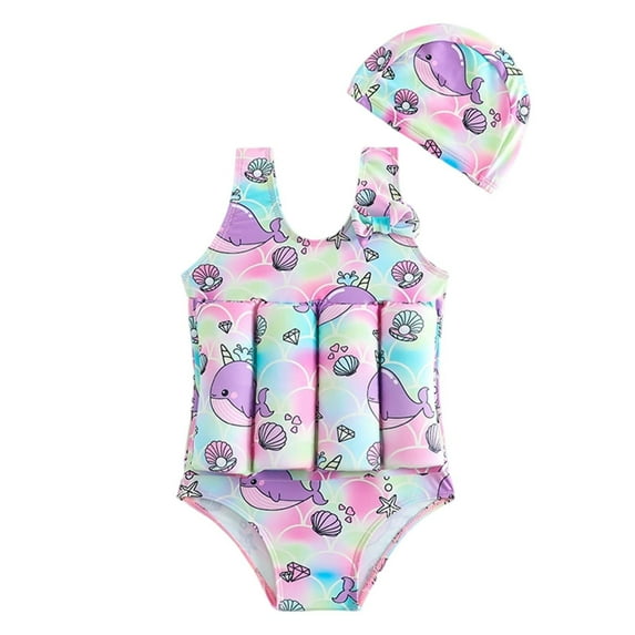 Girls One Piece Swimsuit Floral Printed High Buoyancy Swimming Vest ...