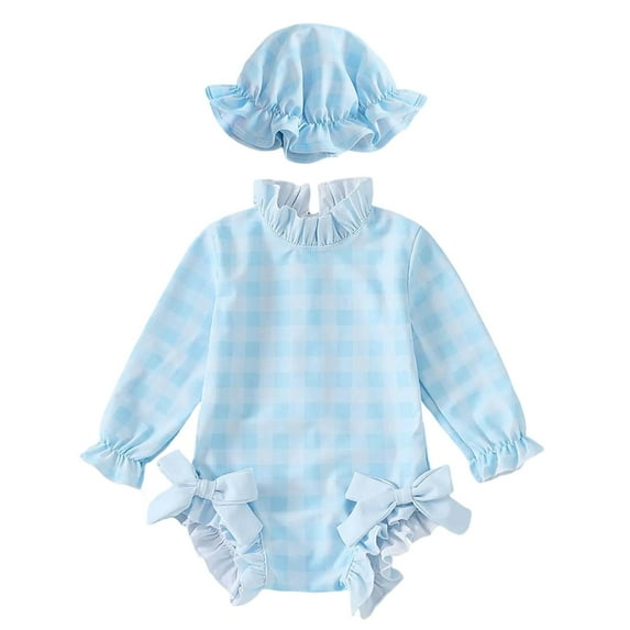 Girls One Piece Swimsuit Toddler Ruffle Hem Plaid Print Long Sleeve ...