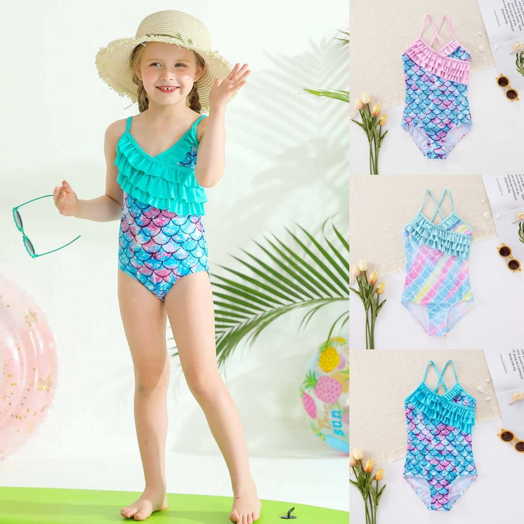 Girls One Piece Swimsuits, SILVERCELL 4-11T Toddler Big Girls Hawaiian Ruffle Swimwear Beach ...
