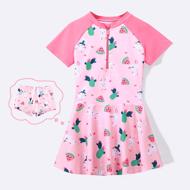 Girls One Piece Swimsuits Short Sleeve Swim Dress for Girls Hawaiian ...