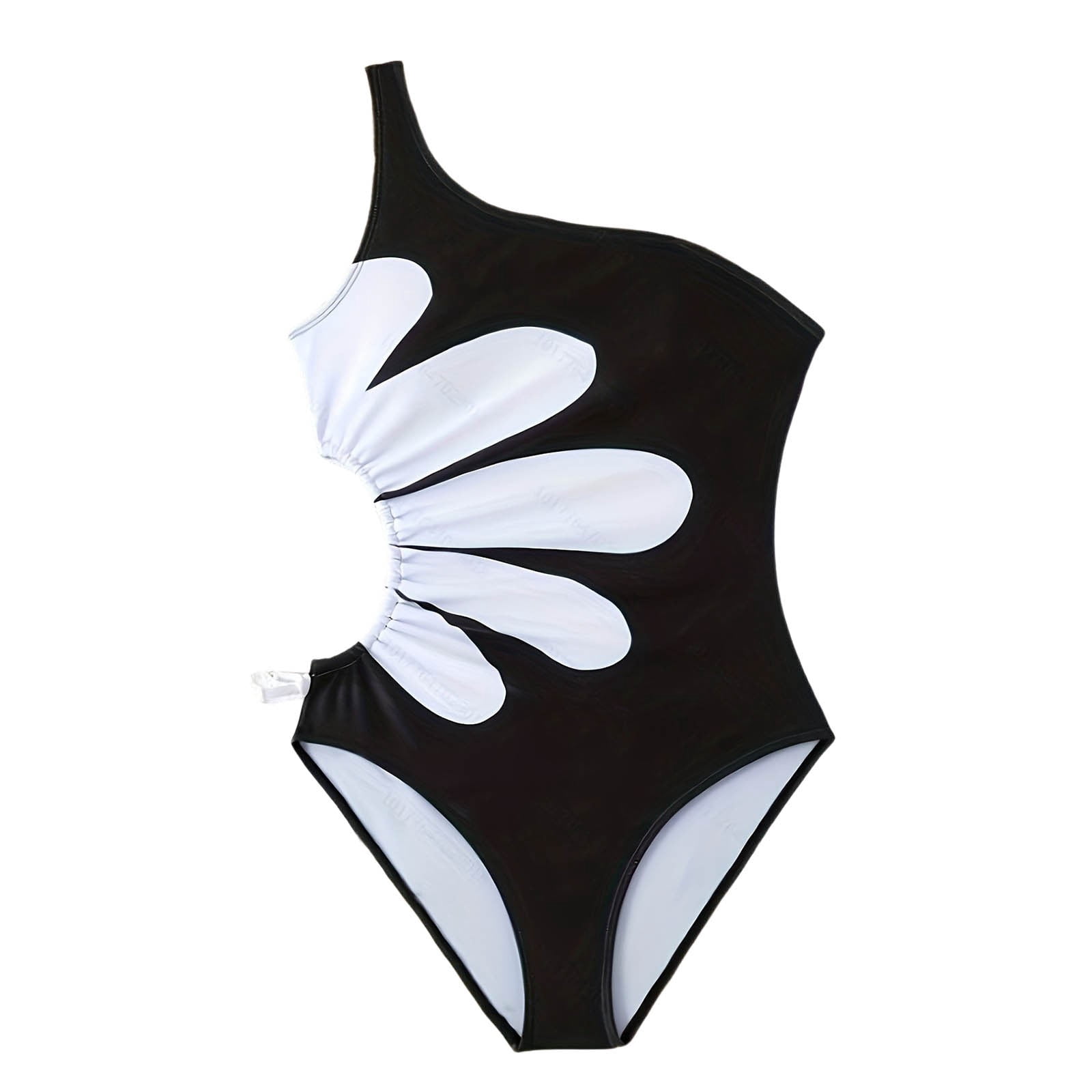 Girls One Shoulder Bathing Suit Floral Design Solid Color High ...