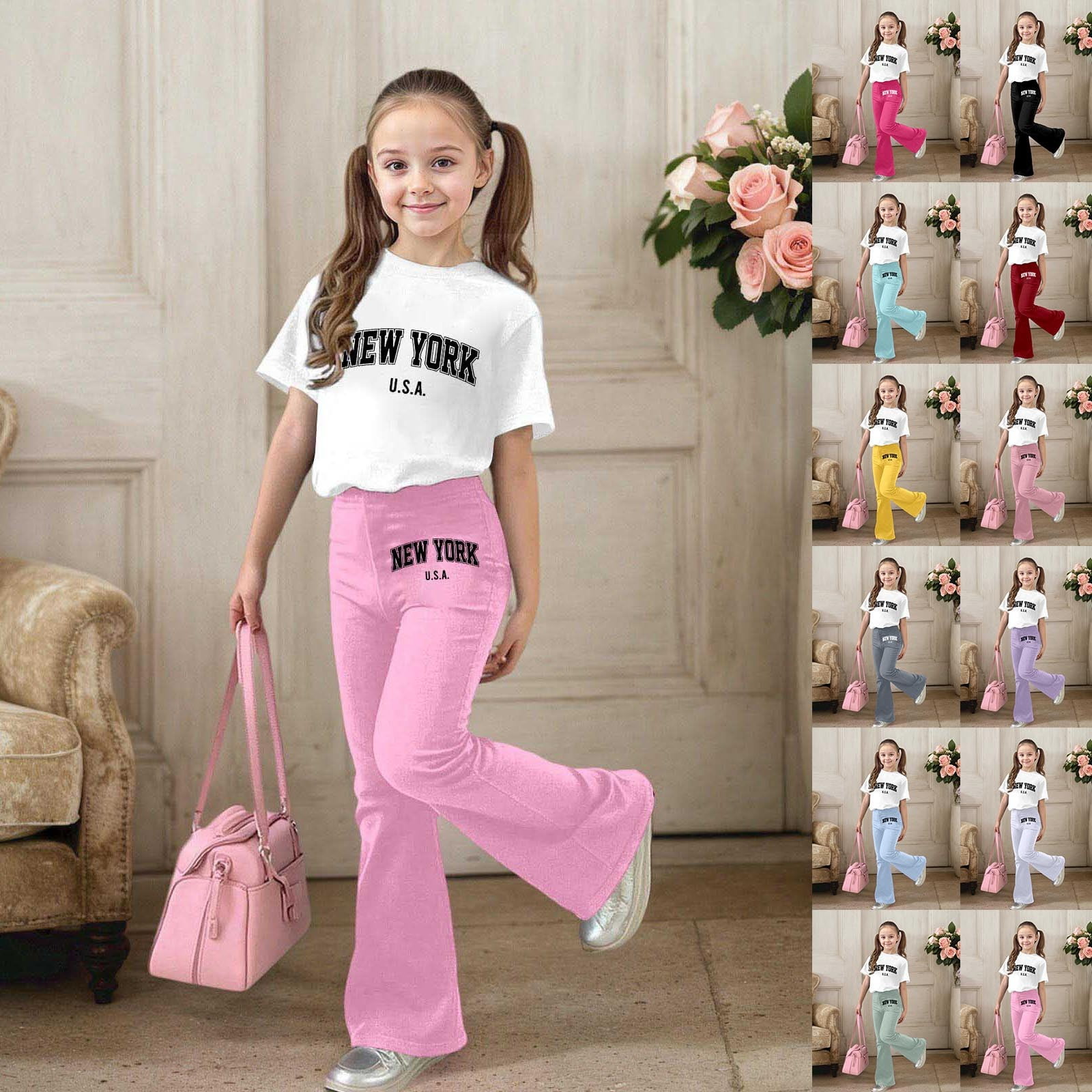 Girls Outfits Casual Letter Print Short Sleeve Top with Flared Pants ...
